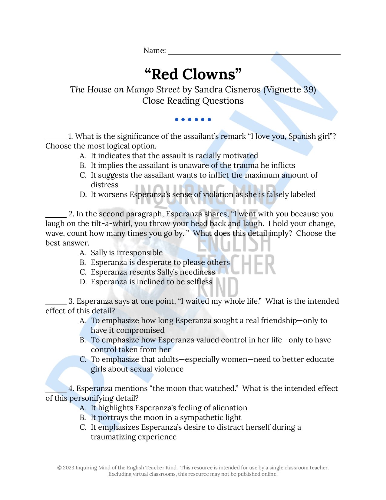 The House on Mango Street Close Reading Analysis Worksheet for "Red ...