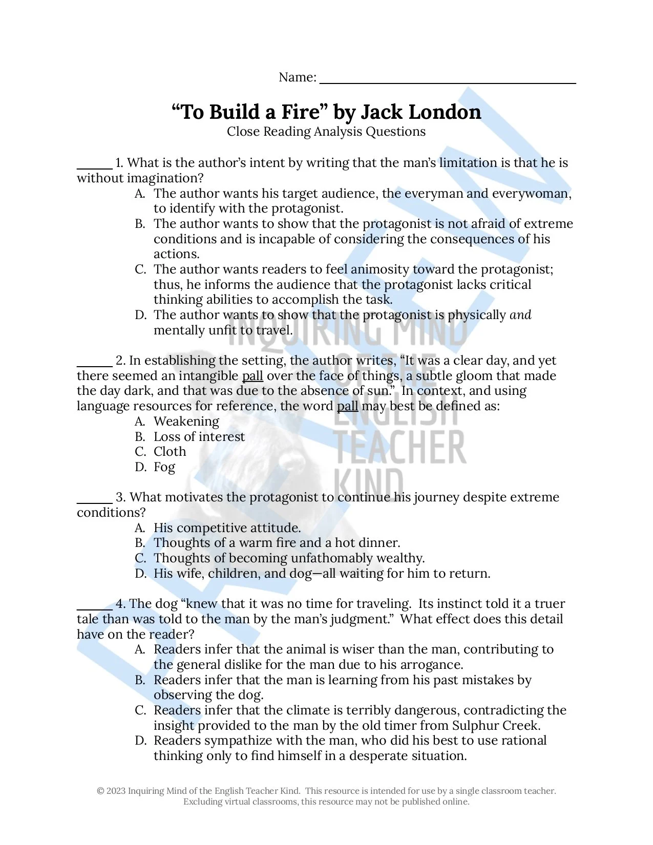 "To Build a Fire" by Jack London Quiz and Close Reading Analysis ...