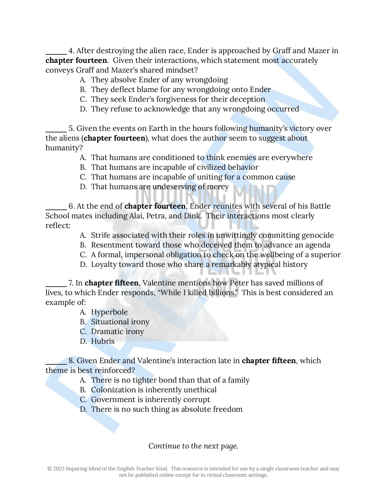 Ender's Game Close Reading Analysis Worksheets Bundle with Answer Keys ...