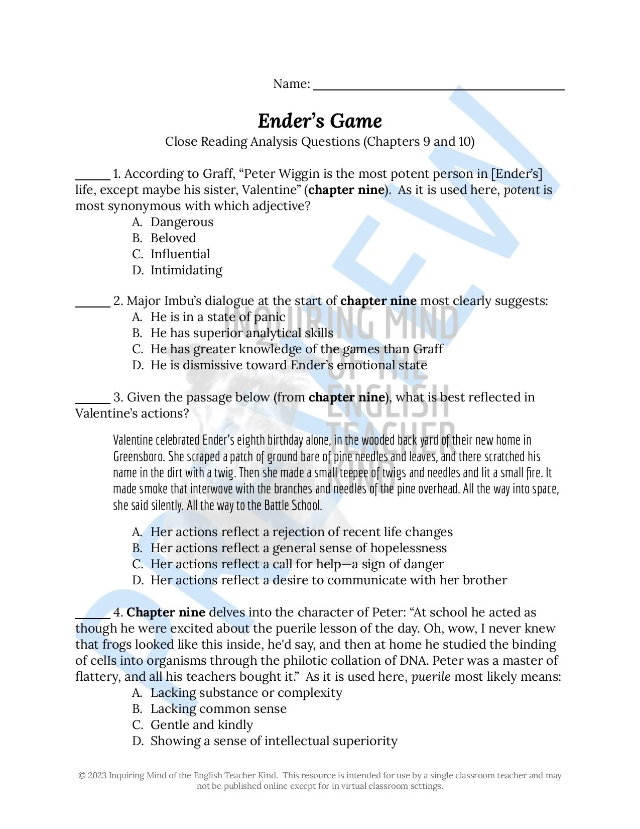 Ender's Game Close Reading Analysis Worksheets Bundle with Answer Keys ...