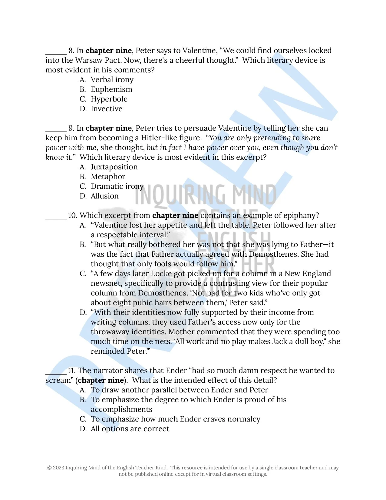 Ender's Game Close Reading Analysis Worksheets Bundle with Answer Keys — Inquiring Mind of the ...