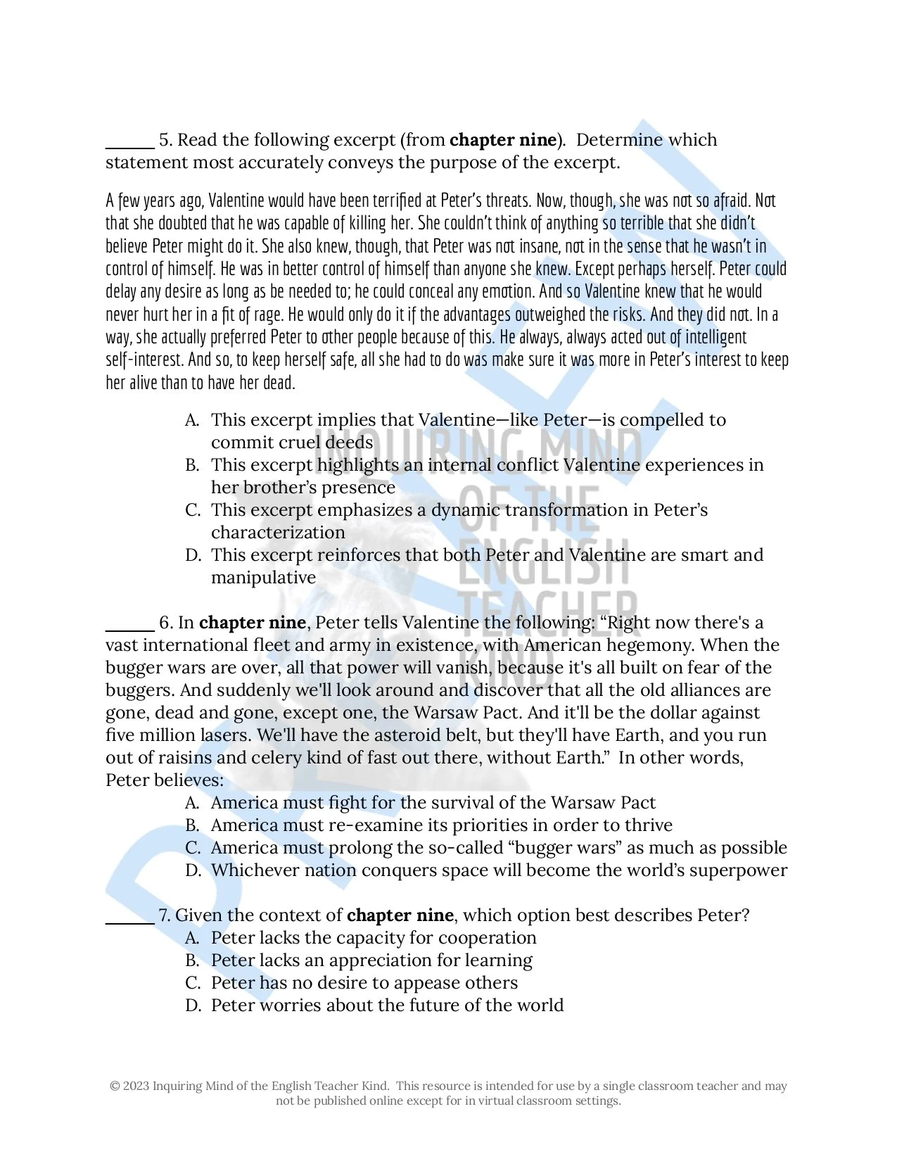 Ender's Game Close Reading Analysis Worksheets Bundle with Answer Keys — Inquiring Mind of the ...
