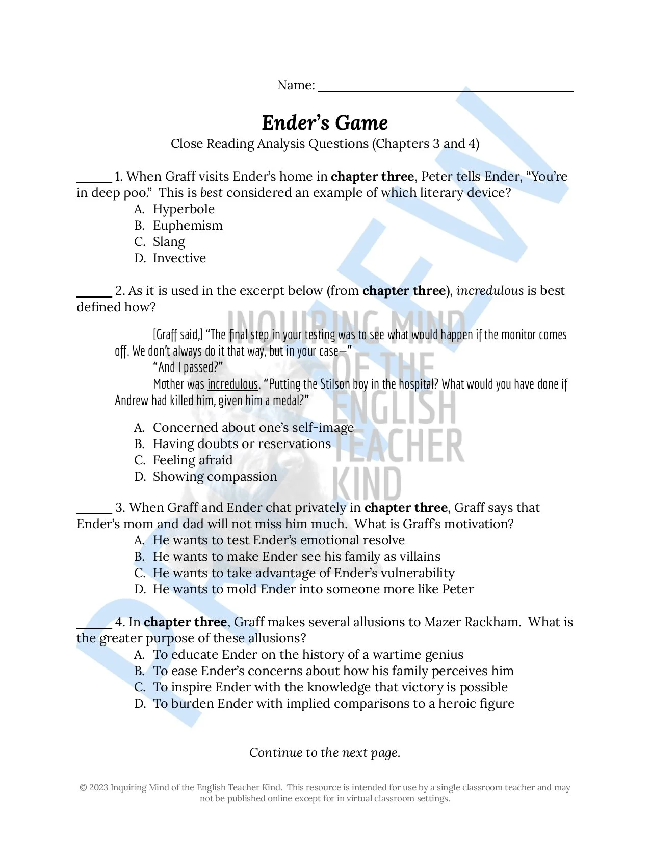 Ender's Game Close Reading Analysis Worksheets Bundle with Answer Keys — Inquiring Mind of the ...