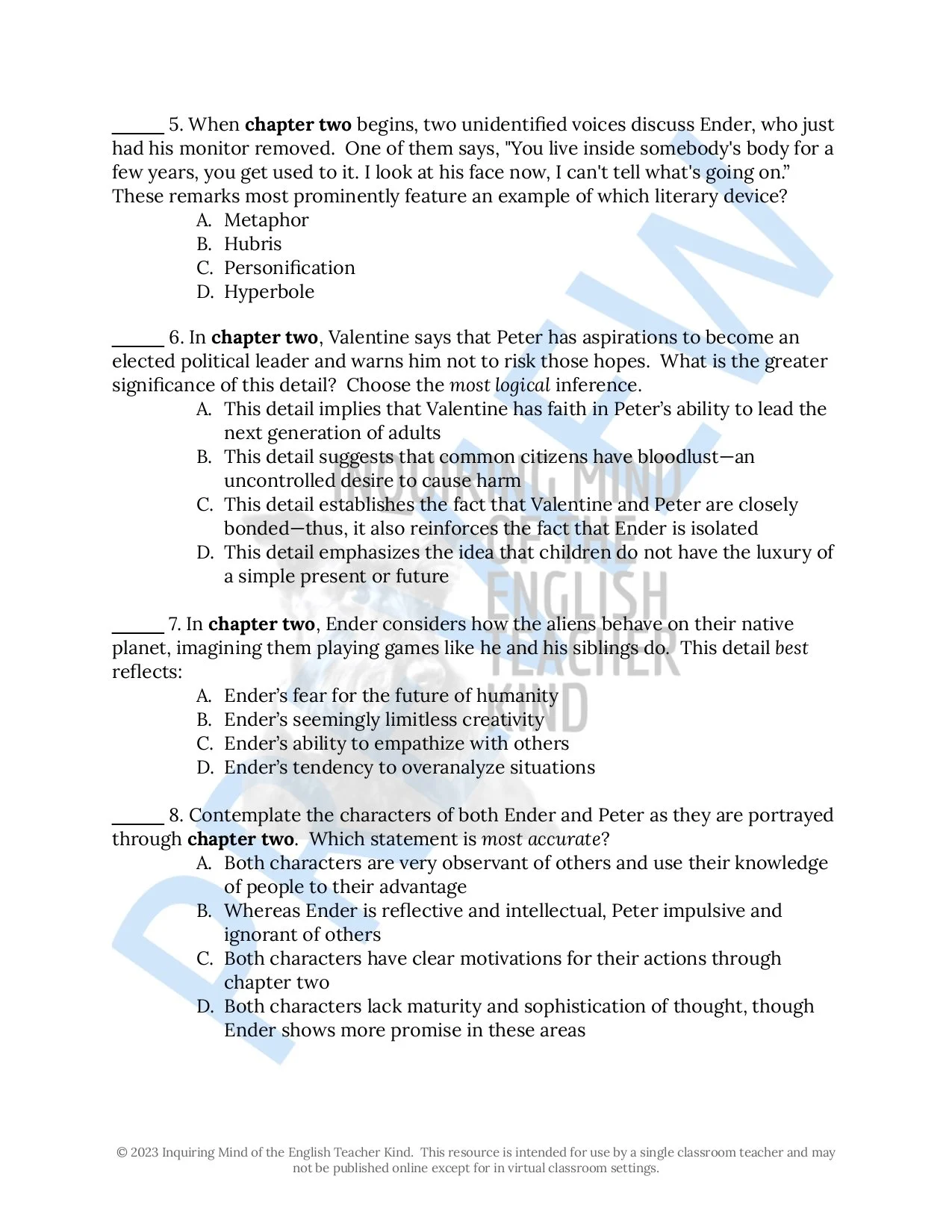 Ender's Game Close Reading Analysis Worksheets Bundle with Answer Keys — Inquiring Mind of the ...