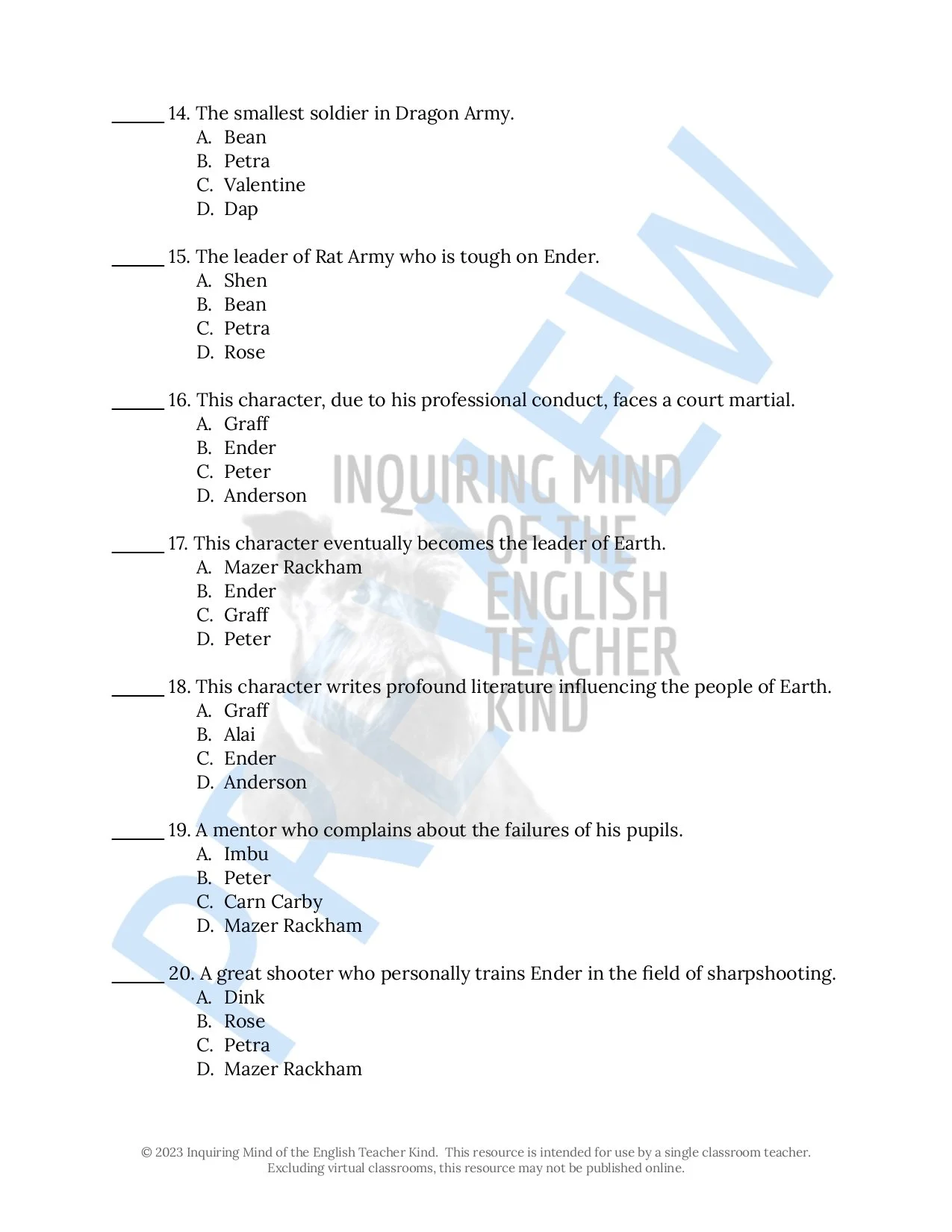 Ender's Game Test and Answer Key with Study Guide — Inquiring Mind of ...
