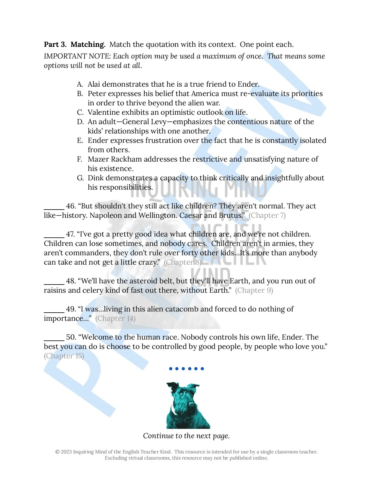 Ender's Game Test and Answer Key with Study Guide — Inquiring Mind of ...