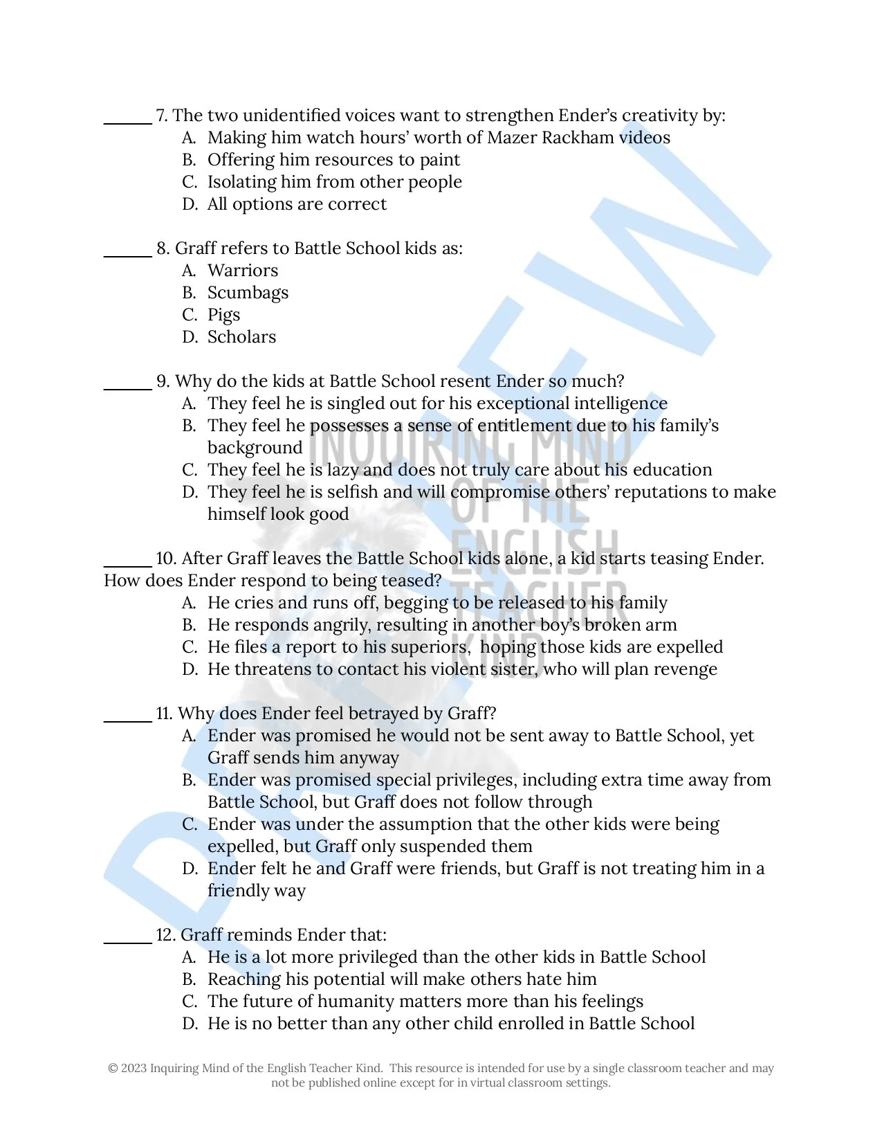 Ender's Game Bundle of Quizzes, Worksheets, Research Projects, Test ...