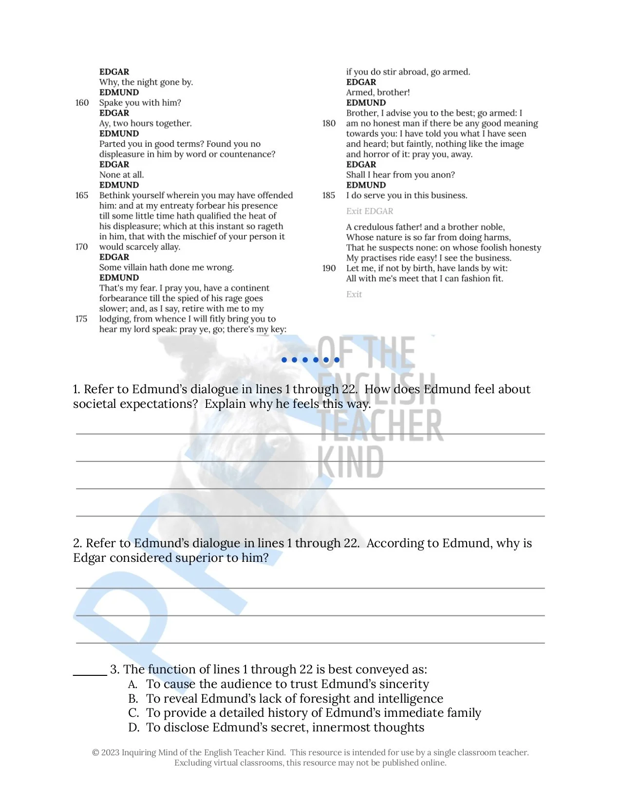 King Lear Act 1 Quiz and Close Reading Analysis Worksheets Bundle for ...