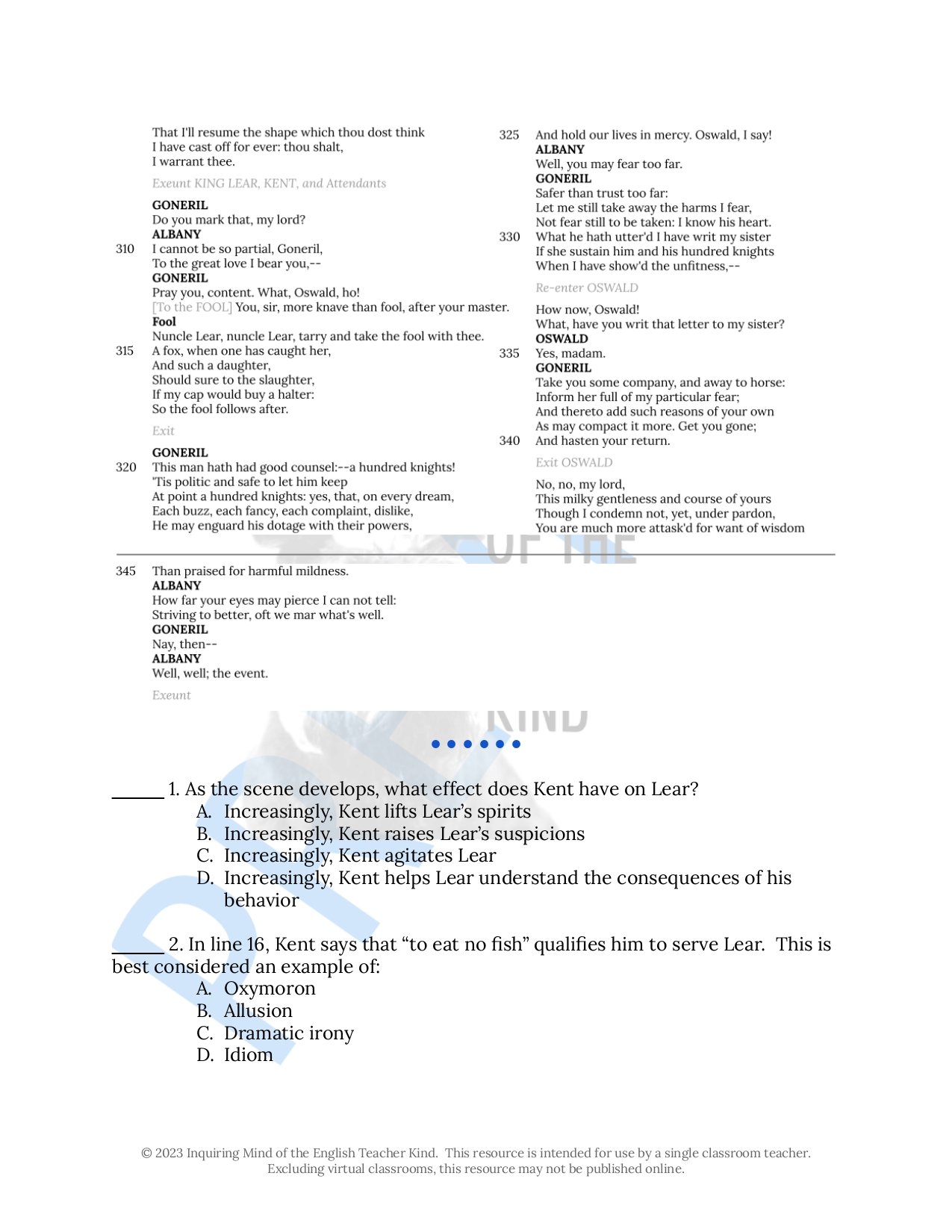 King Lear Act 1 Quiz and Close Reading Analysis Worksheets Bundle for ...
