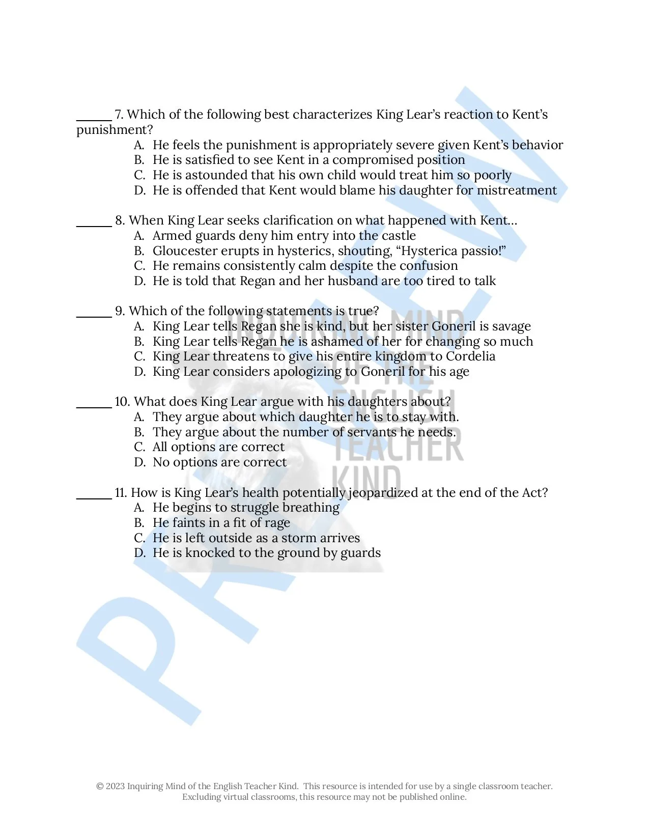 King Lear Act 2 Quiz and Close Reading Analysis Worksheets Bundle for ...