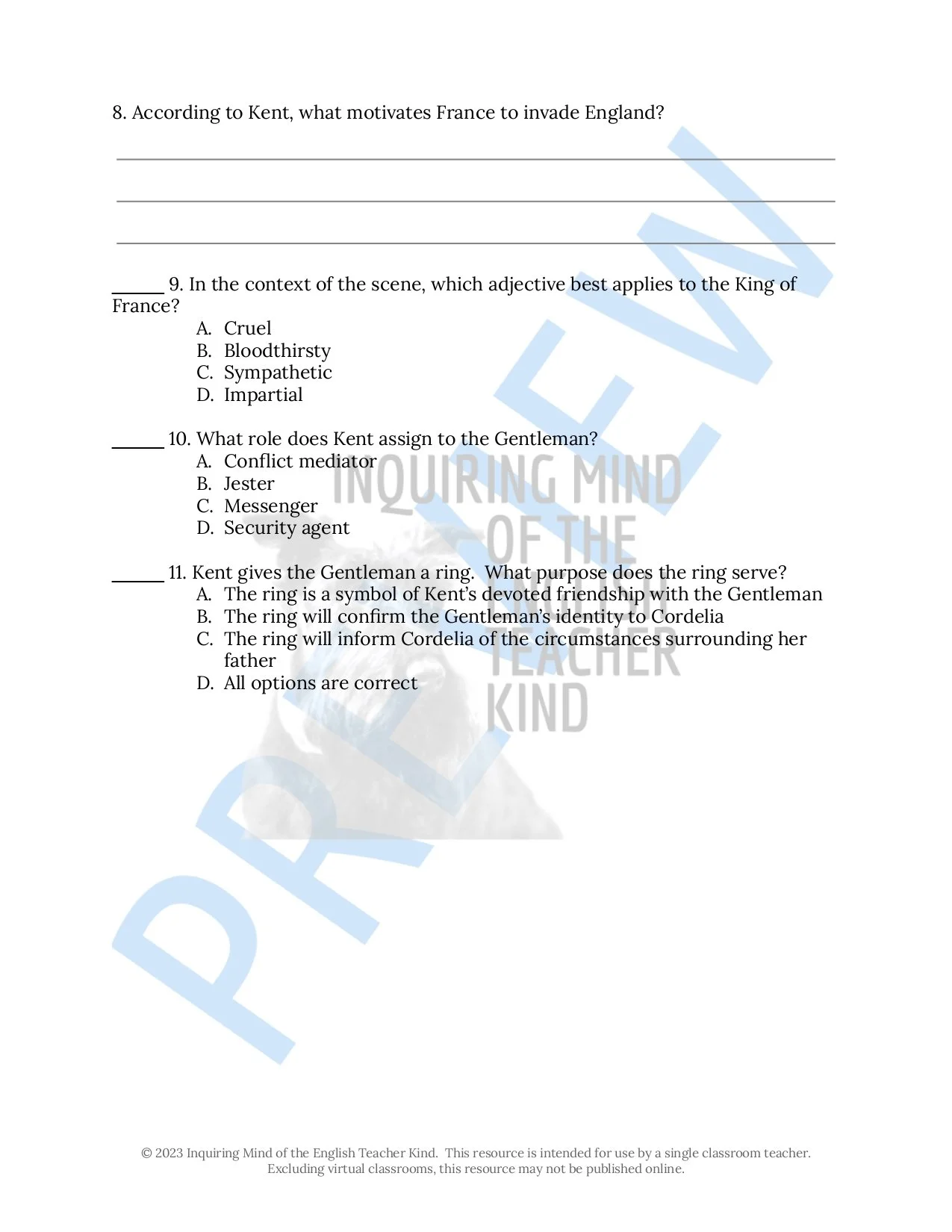 King Lear Act 3 Quiz and Close Reading Analysis Worksheets Bundle for ...