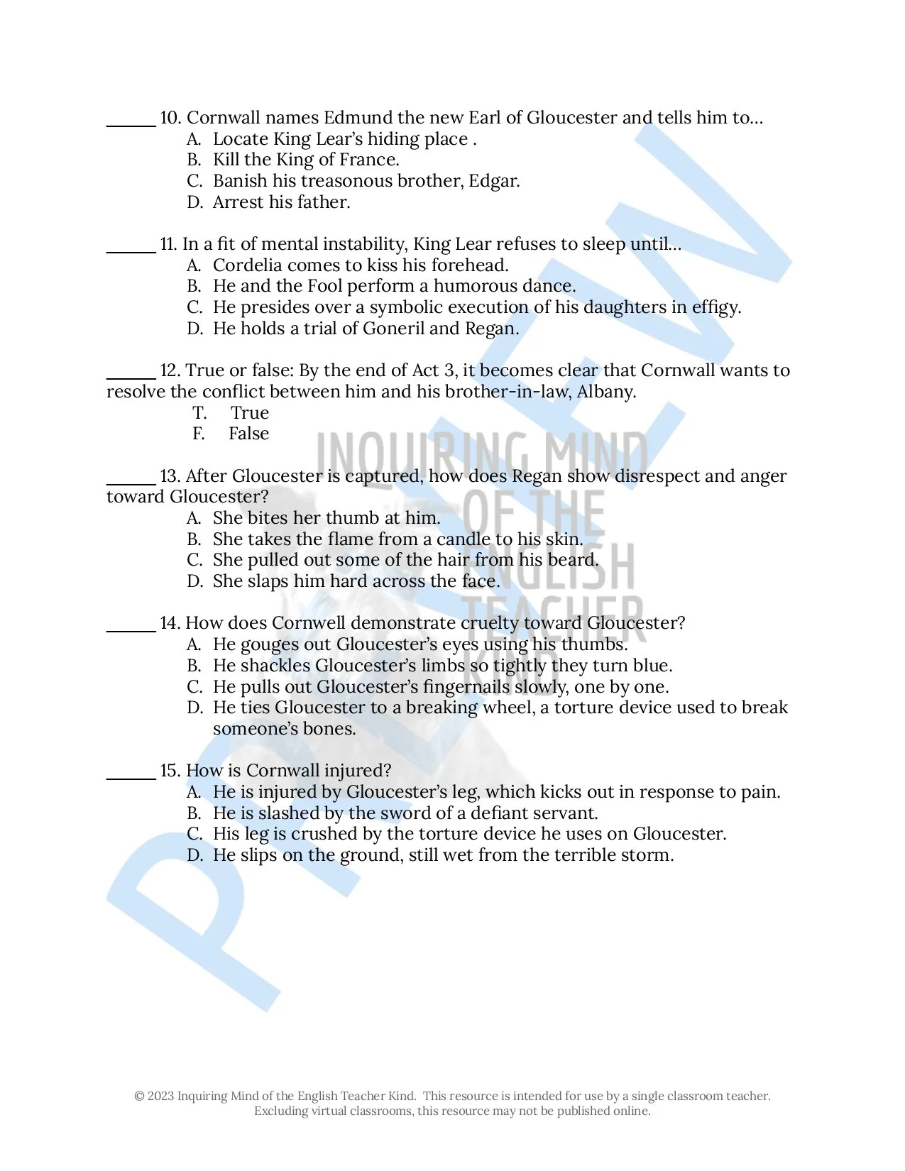 King Lear Act 3 Quiz and Close Reading Analysis Worksheets Bundle for ...