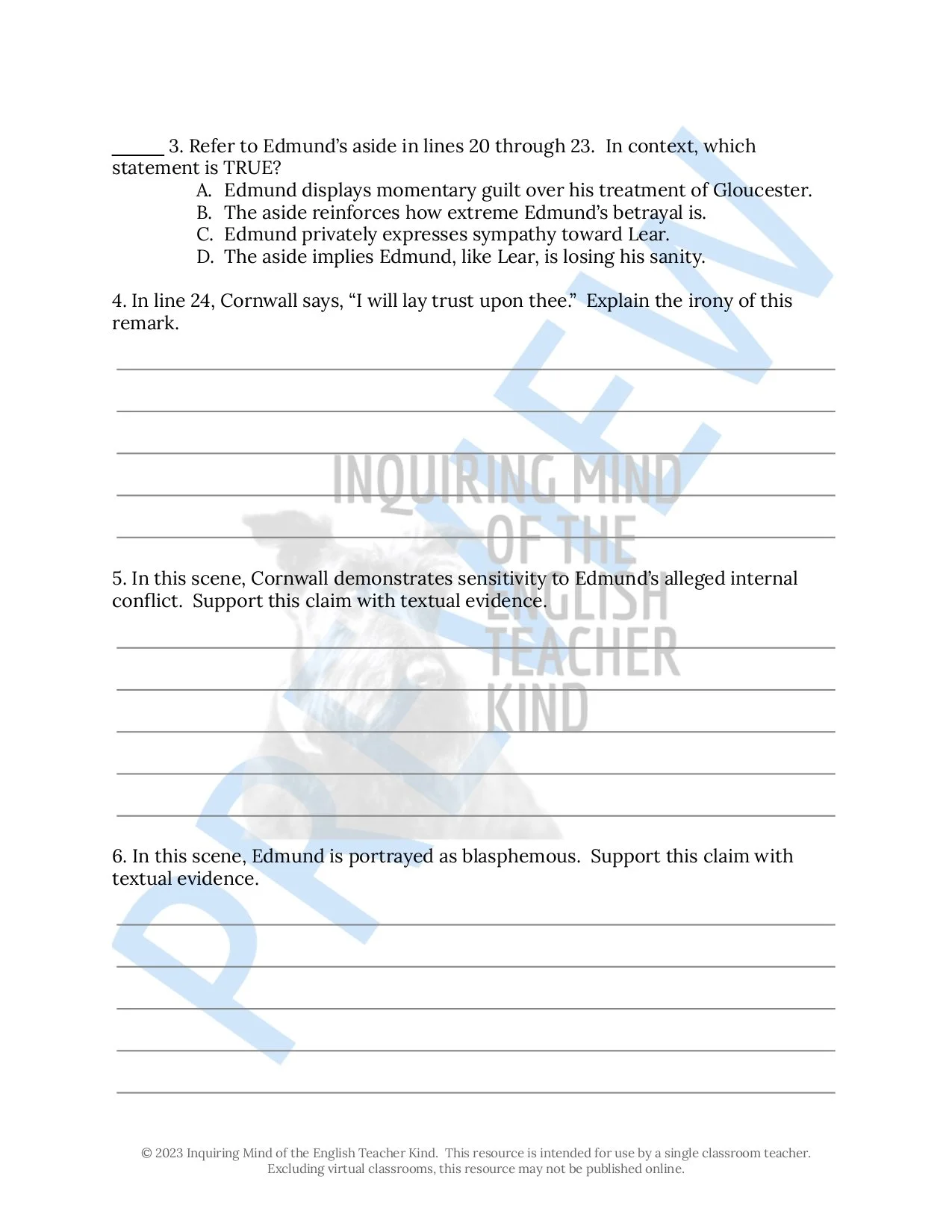 King Lear Act 3 Quiz and Close Reading Analysis Worksheets Bundle for ...