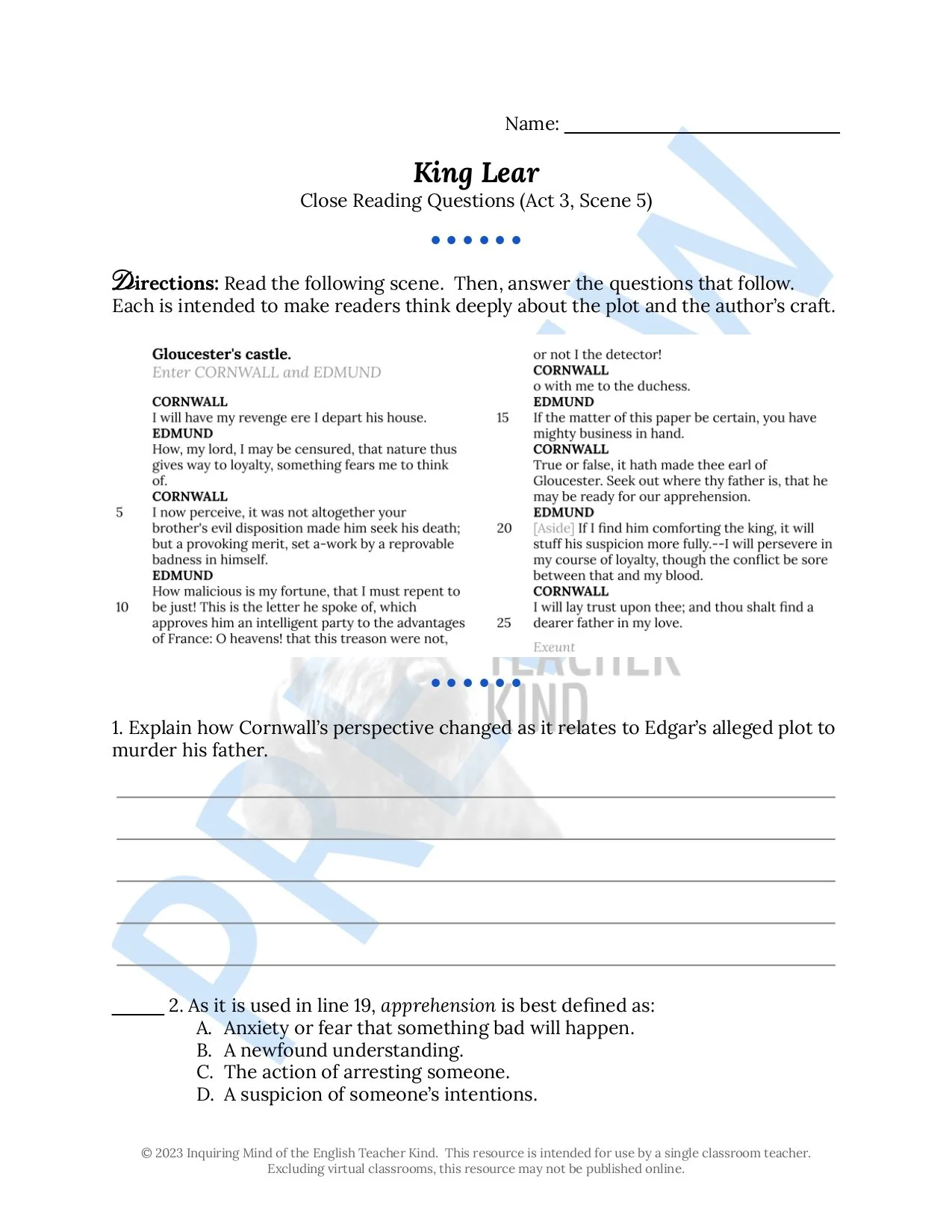 King Lear Act 3 Quiz and Close Reading Analysis Worksheets Bundle for ...