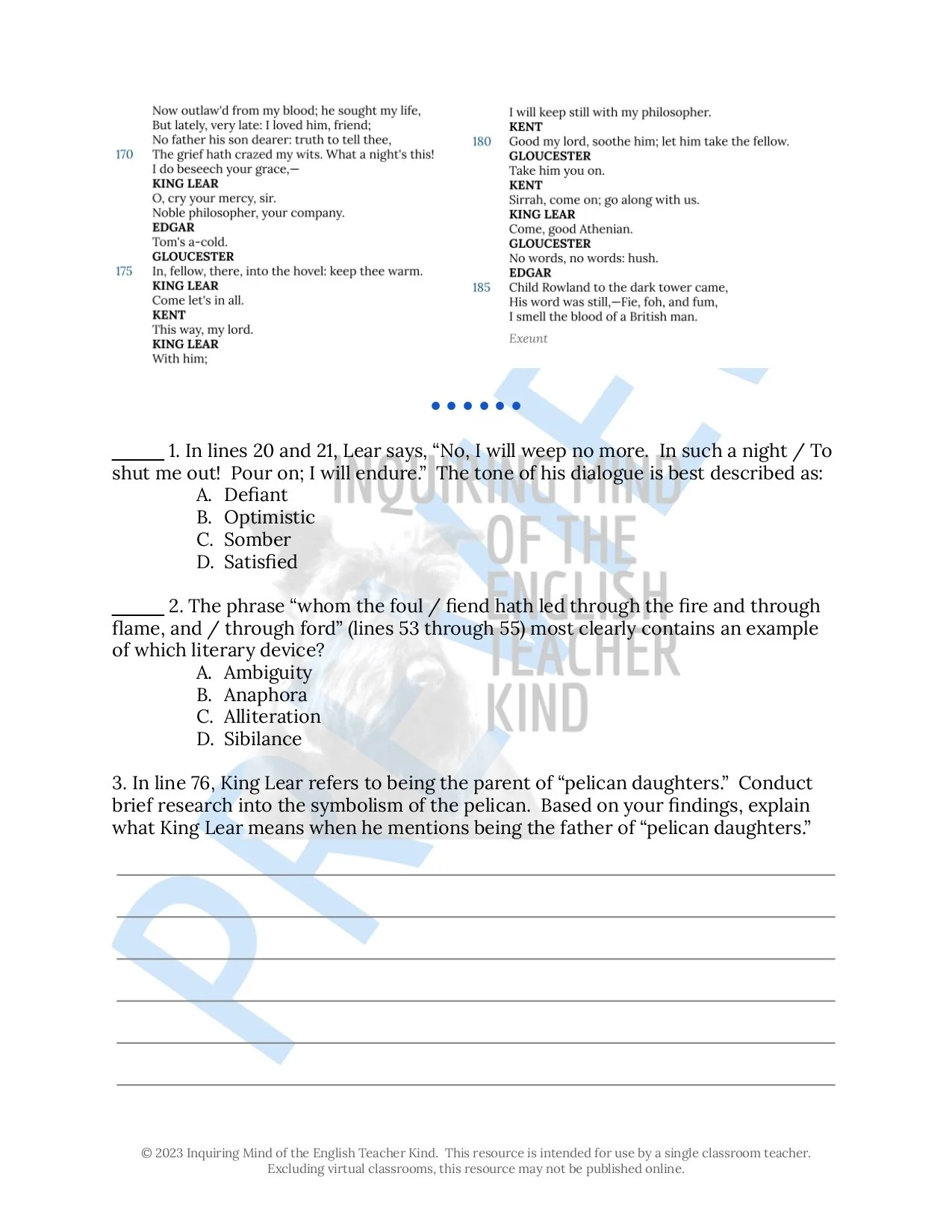 King Lear Act 3 Quiz and Close Reading Analysis Worksheets Bundle for ...