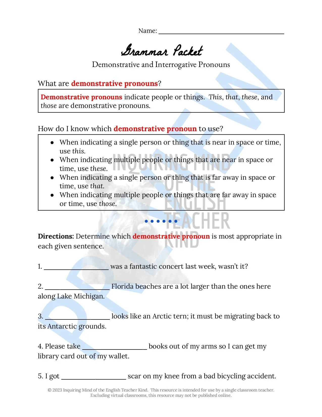 Grammar Worksheet on Demonstrative and Interrogative Pronouns with ...