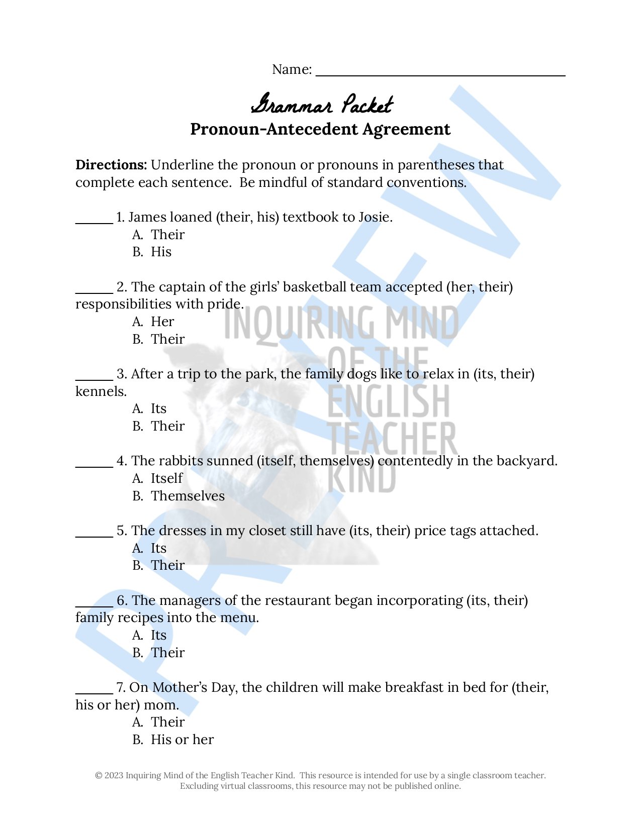 Grammar Practice Worksheet on Pronoun-Antecedent Agreement for High ...