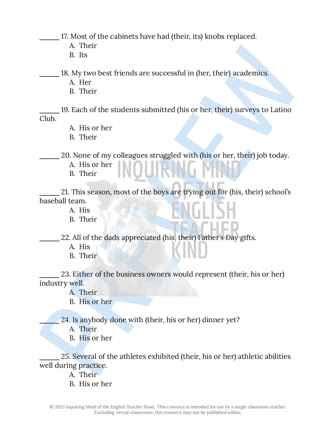 Grammar Practice Worksheet on Pronoun-Antecedent Agreement for High ...