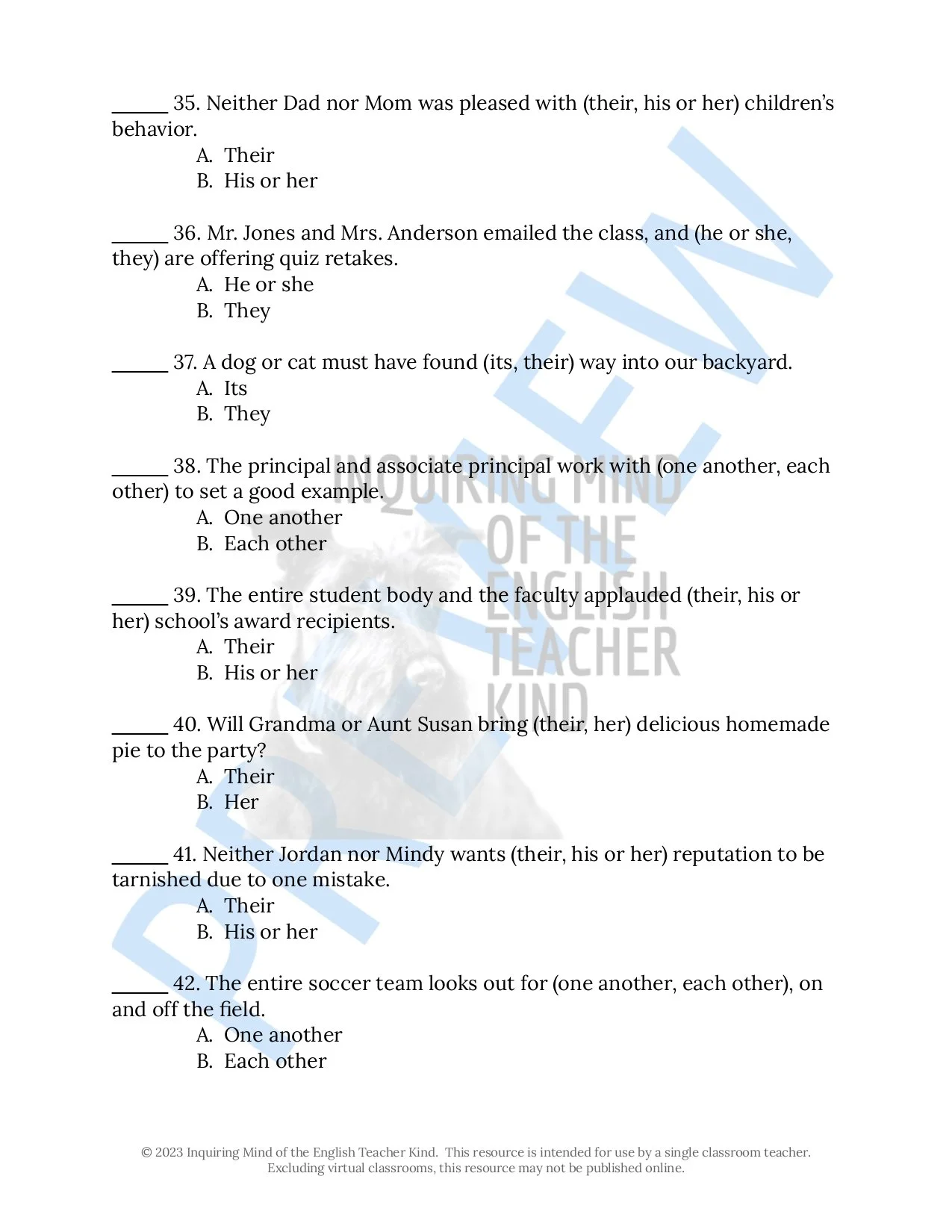 Grammar Practice Worksheet on Pronoun-Antecedent Agreement for High ...