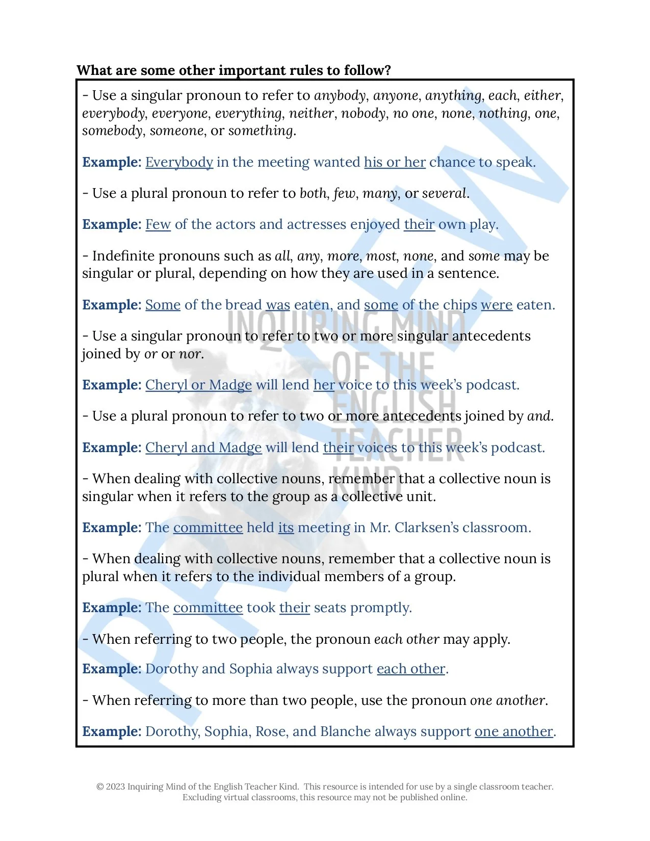 Grammar Practice Worksheet on Pronoun-Antecedent Agreement for High ...