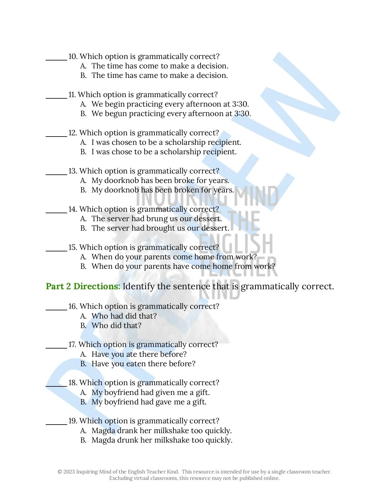 High School Grammar Practice Worksheet on Applying Verb Tenses ...