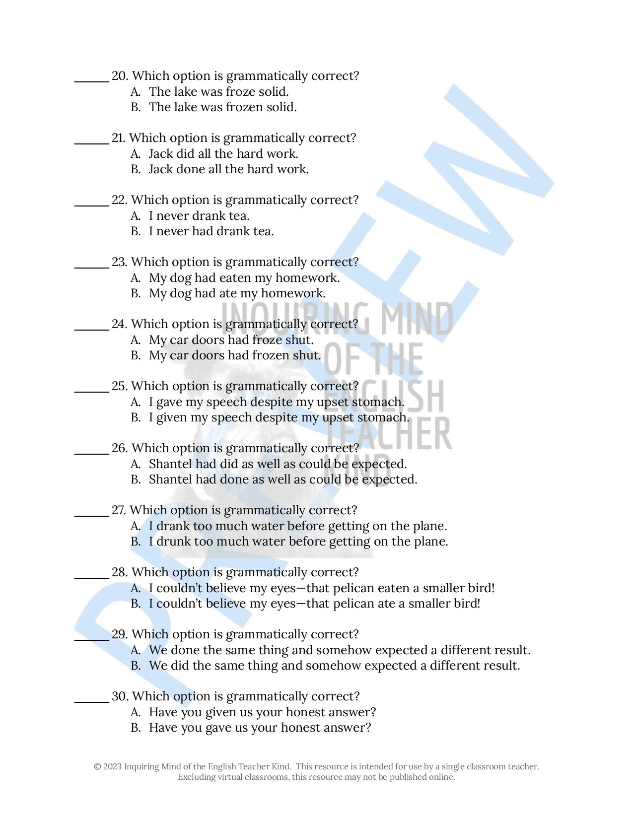 High School Grammar Practice Worksheet on Applying Verb Tenses ...
