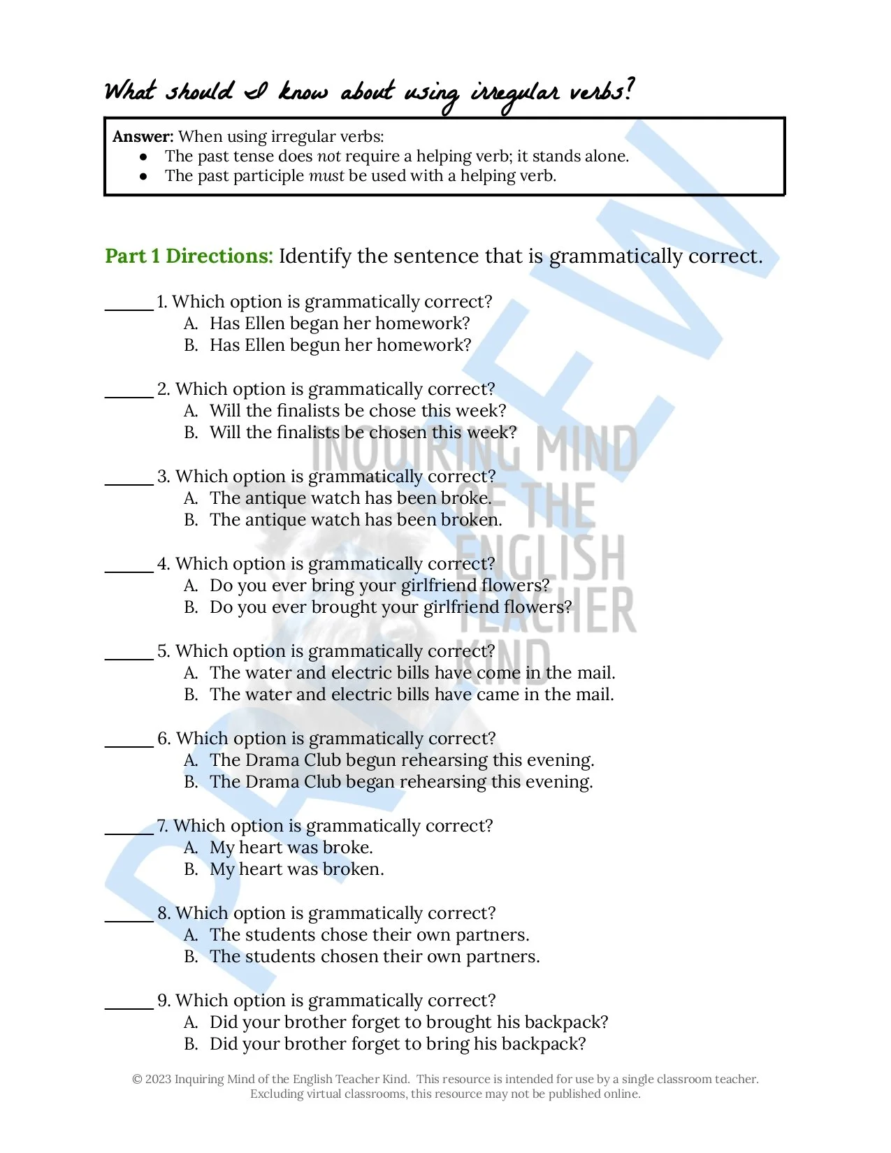 High School Grammar Practice Worksheet on Applying Verb Tenses ...