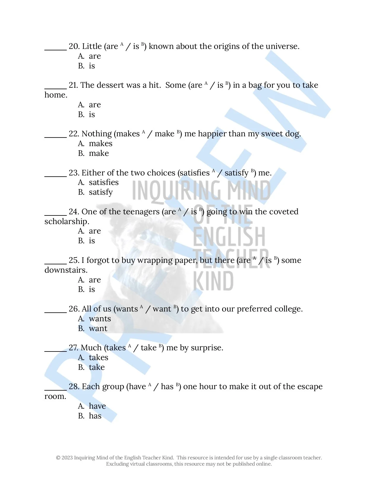 Grammar Worksheet on Indefinite Pronouns with Answer Key — Inquiring ...