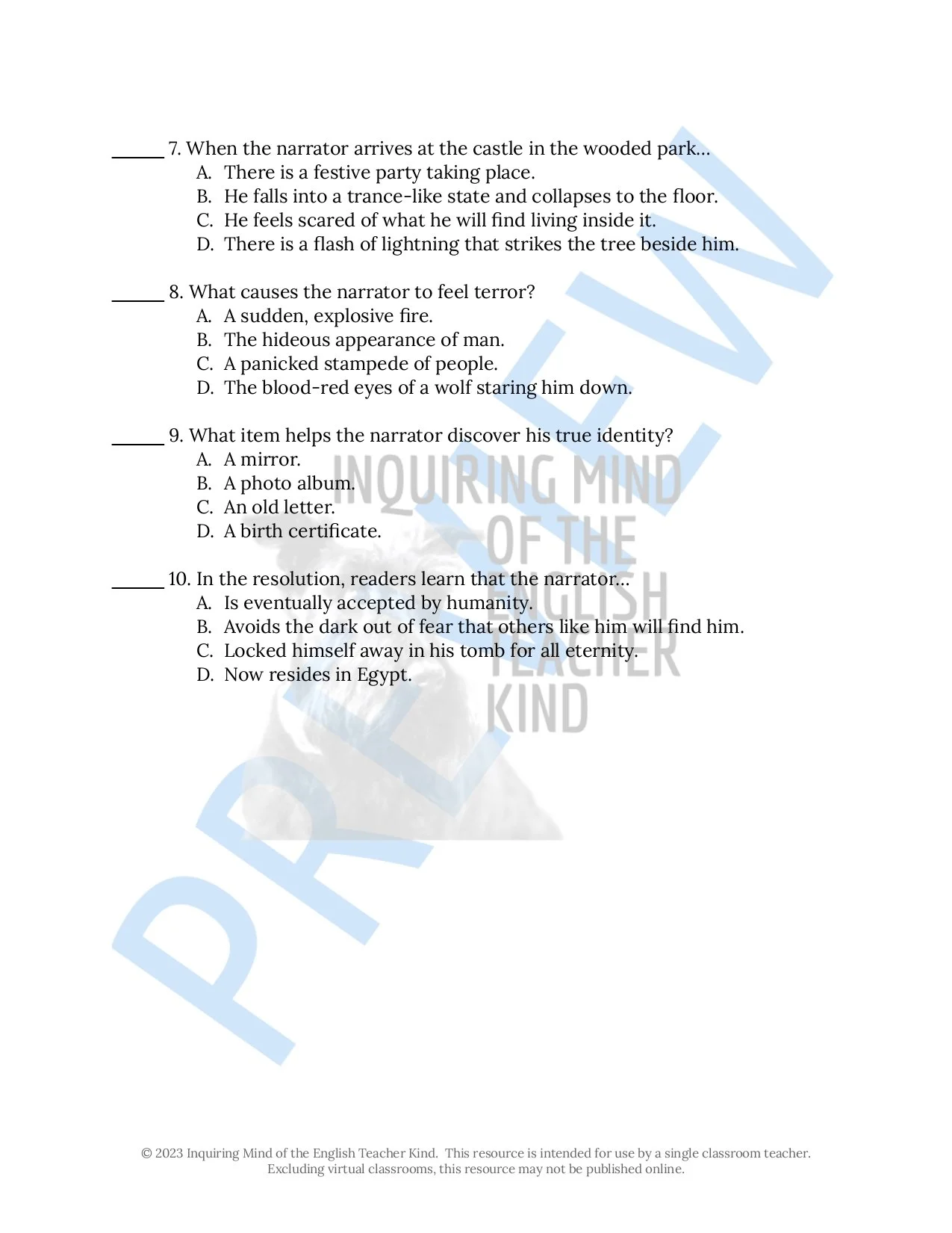 "The Outsider" by H.P. Lovecraft Quiz and Close Reading Activities ...