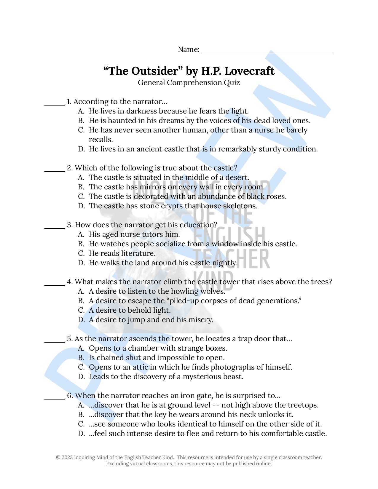 "The Outsider" by H.P. Lovecraft Quiz and Close Reading Activities ...