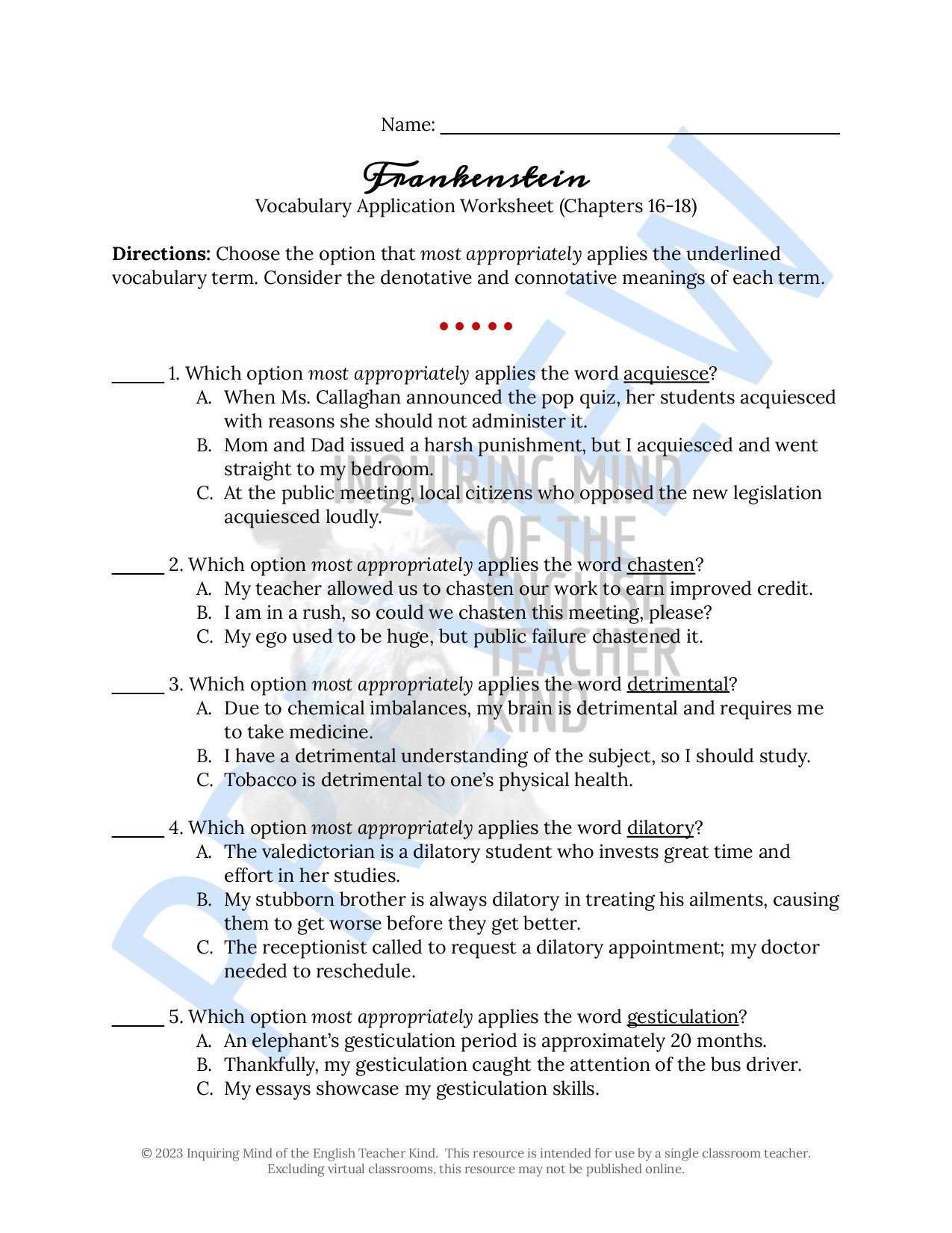 Frankenstein by Mary Shelley Vocabulary Games and Activities Bundle ...