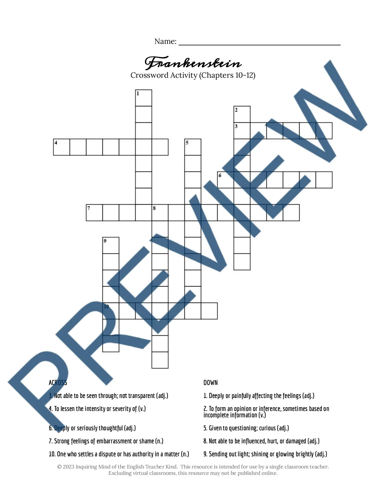Frankenstein by Mary Shelley Vocabulary Games and Activities Bundle ...
