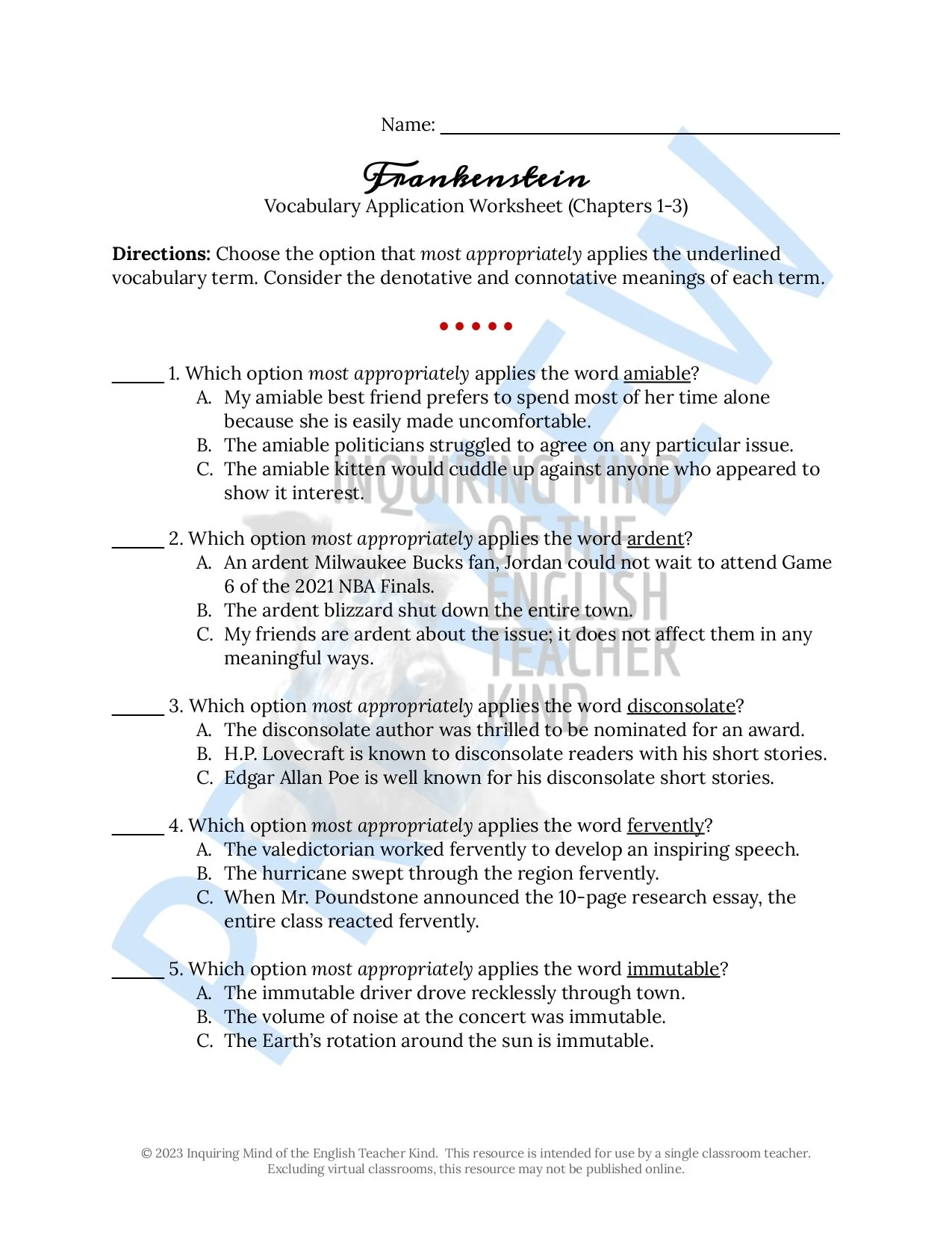 Frankenstein by Mary Shelley Vocabulary Games and Activities Bundle ...