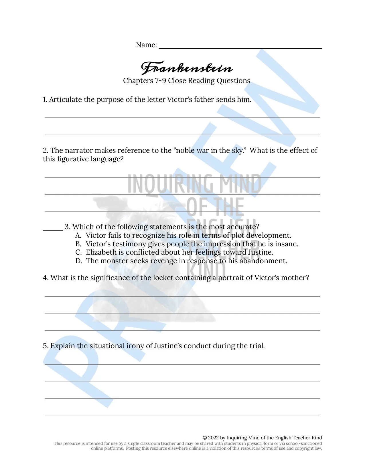 Frankenstein by Mary Shelley Chapters 7 through 9 Quiz and Close ...