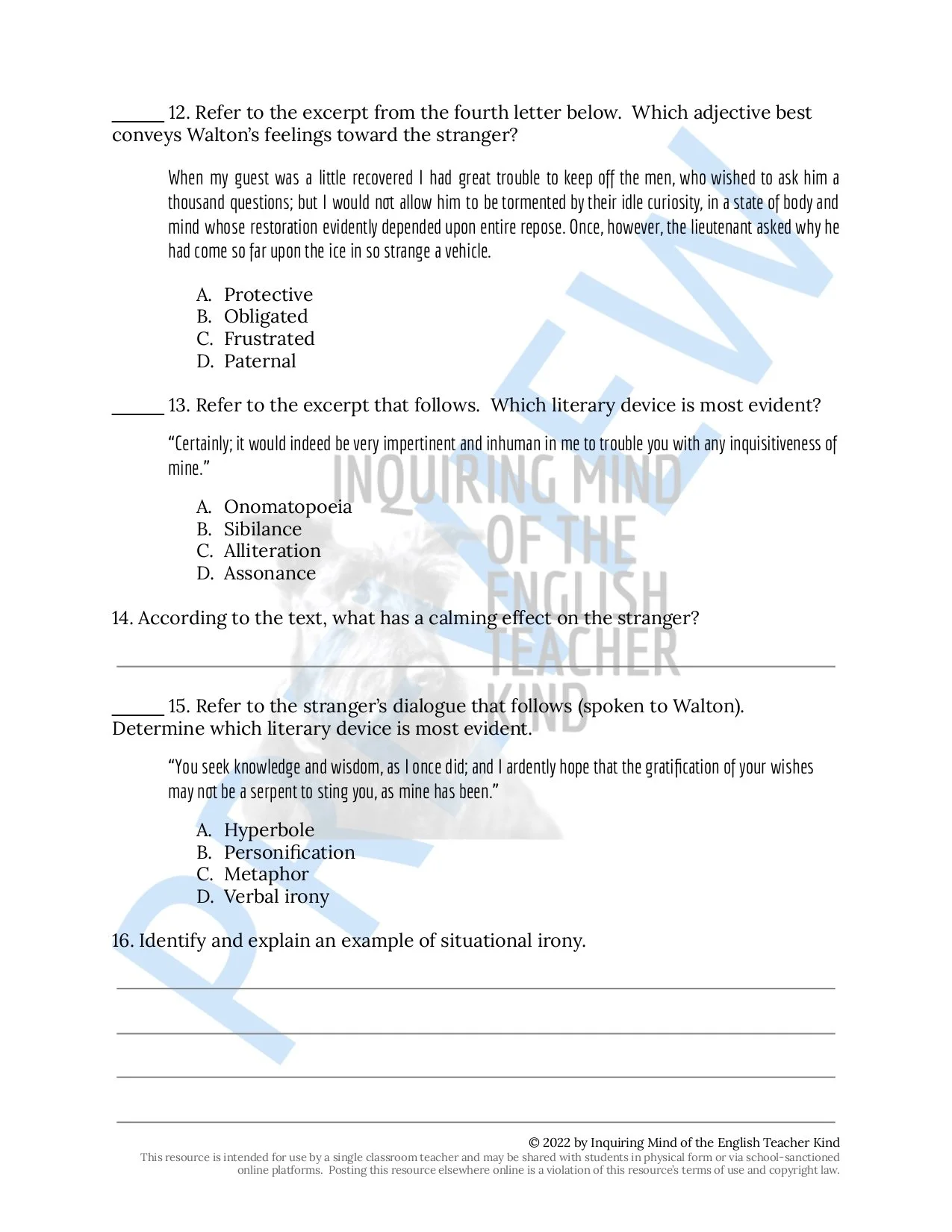 Frankenstein by Mary Shelley Close Reading Analysis Worksheets Bundle ...
