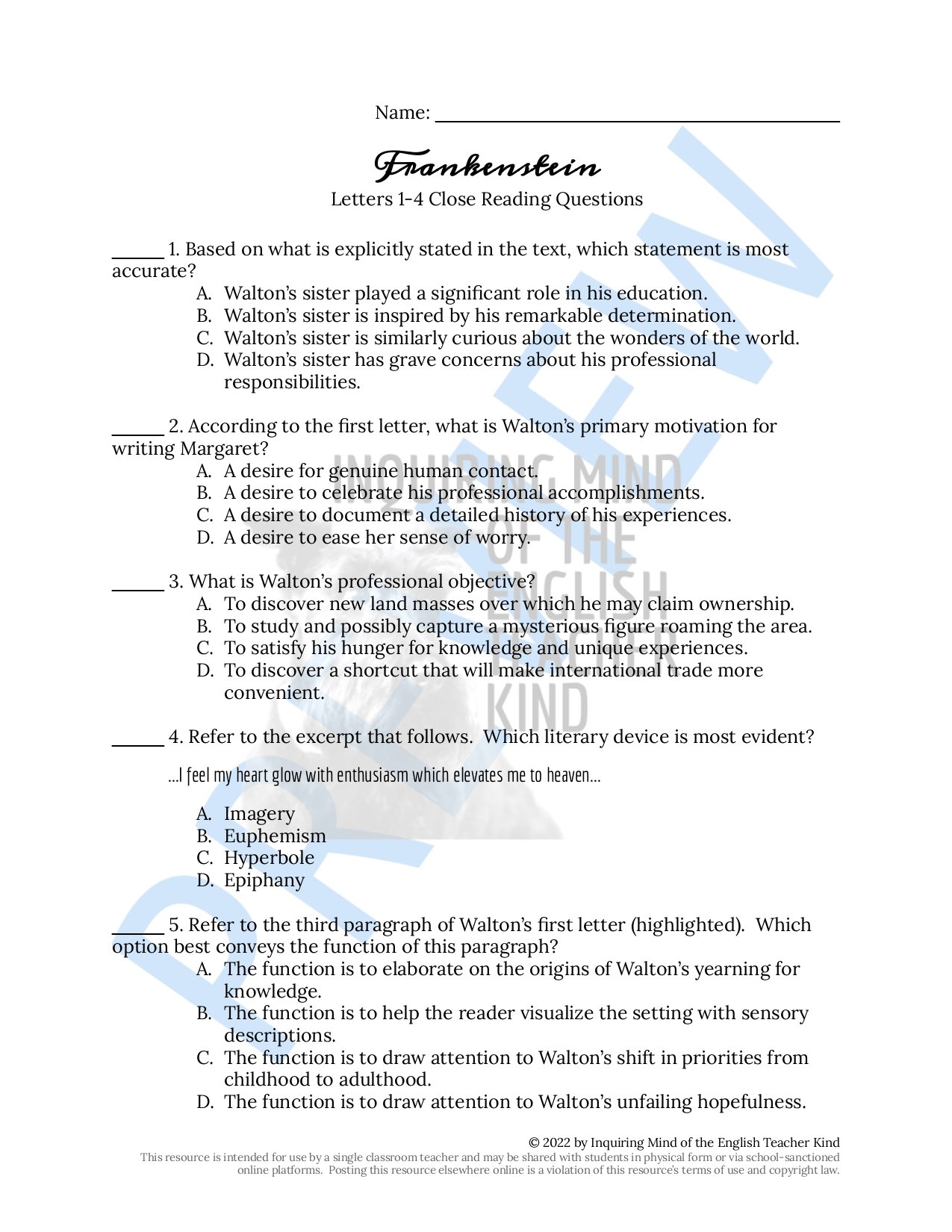 Frankenstein by Mary Shelley Close Reading Analysis Worksheets Bundle ...