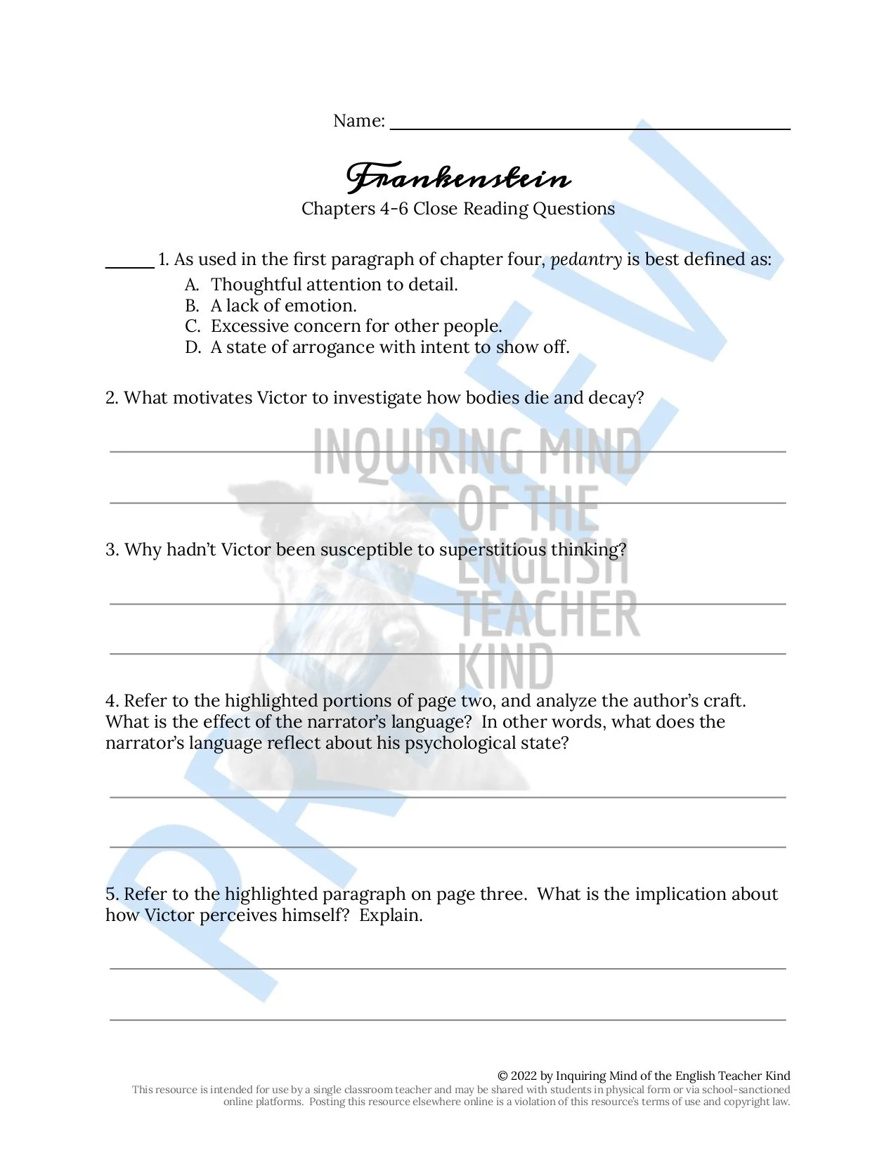 Frankenstein by Mary Shelley Close Reading Analysis Worksheets Bundle ...