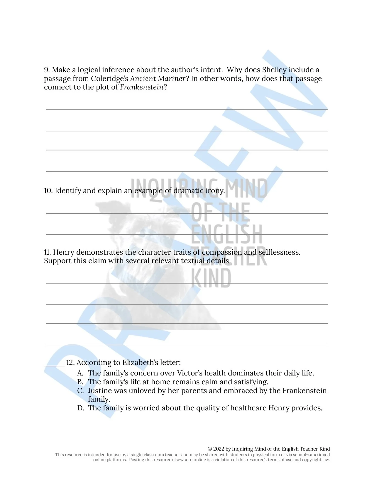 Frankenstein by Mary Shelley Close Reading Analysis Worksheets Bundle ...