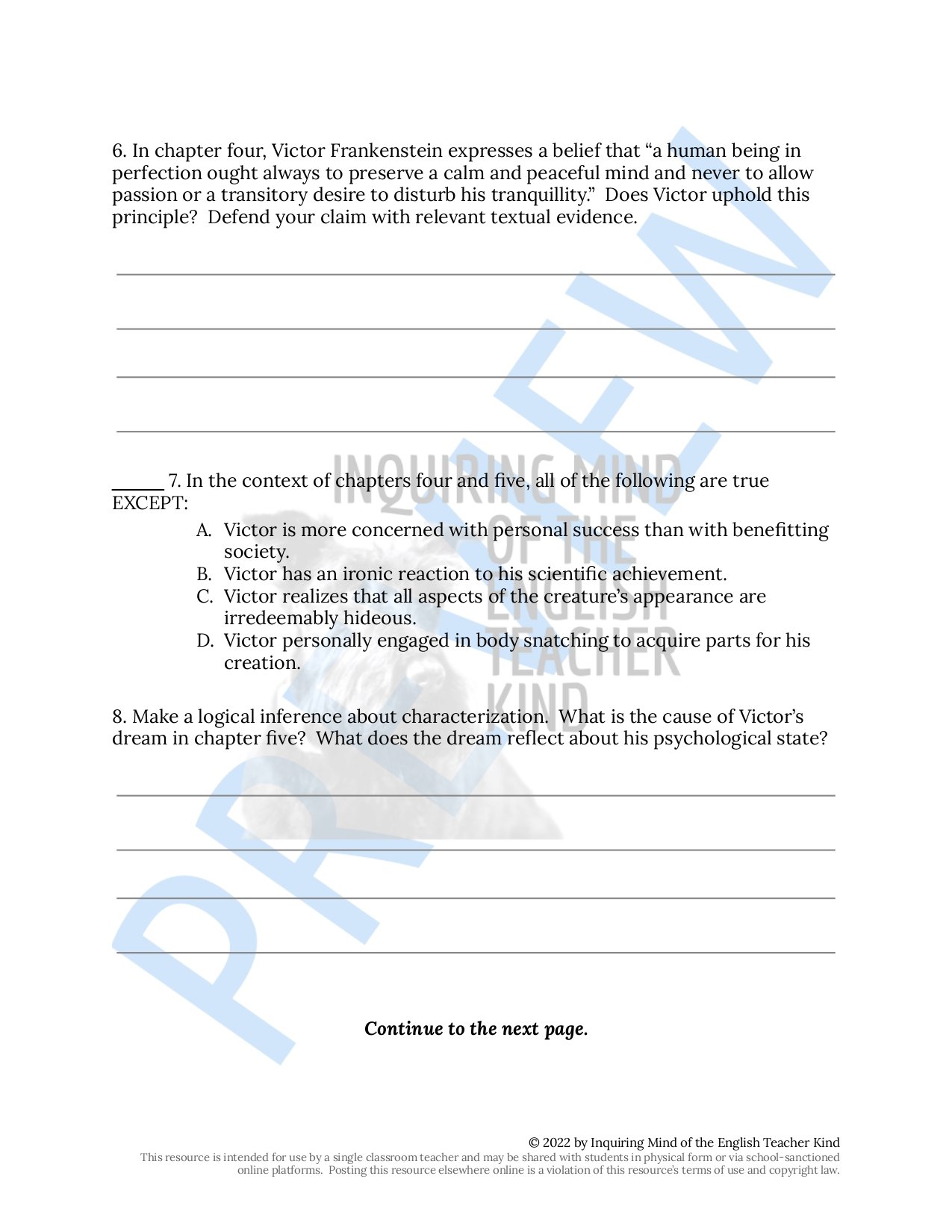 Frankenstein by Mary Shelley Close Reading Analysis Worksheets Bundle ...
