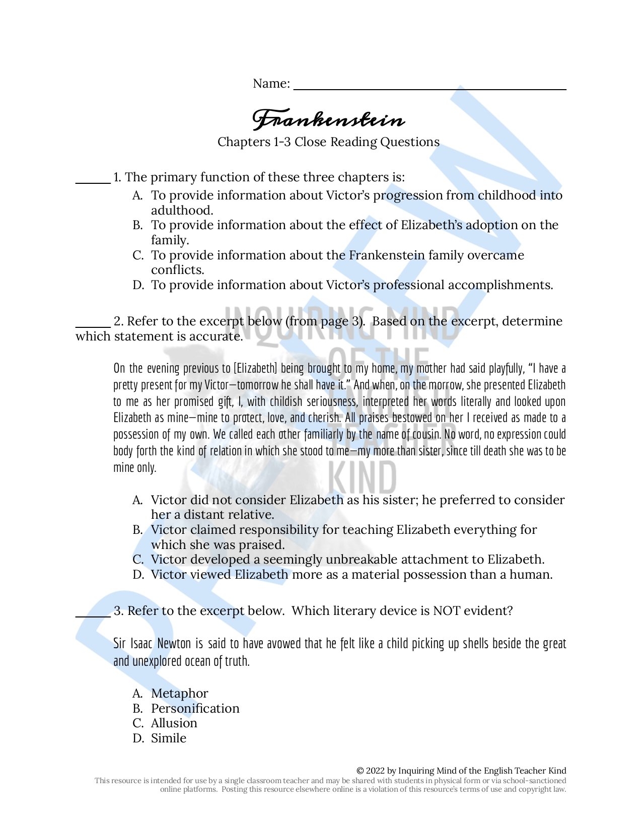 Frankenstein by Mary Shelley Close Reading Analysis Worksheets Bundle ...