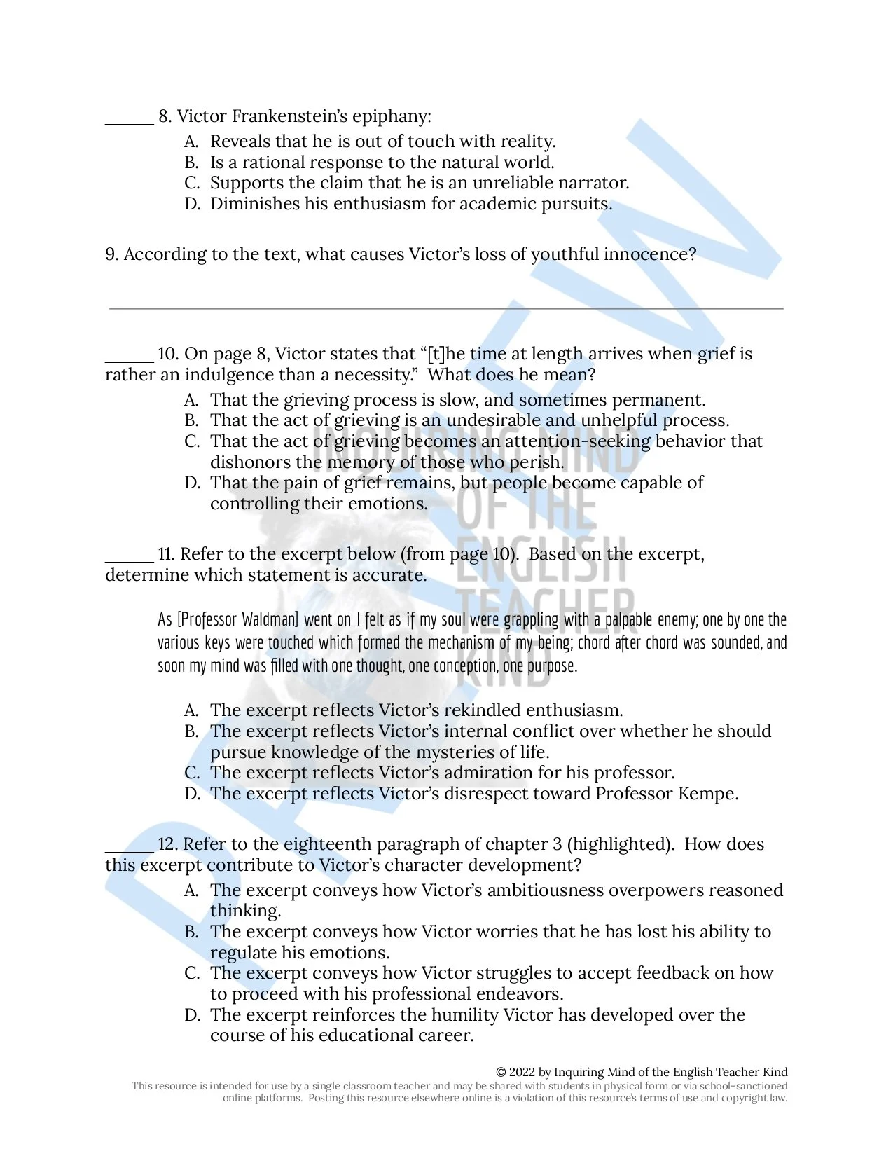 Frankenstein by Mary Shelley Close Reading Analysis Worksheets Bundle ...