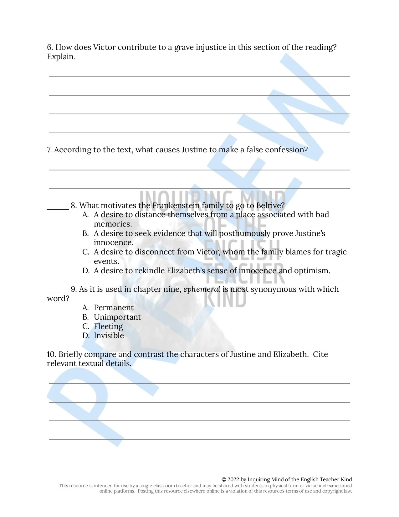 Frankenstein by Mary Shelley Close Reading Analysis Worksheets Bundle ...