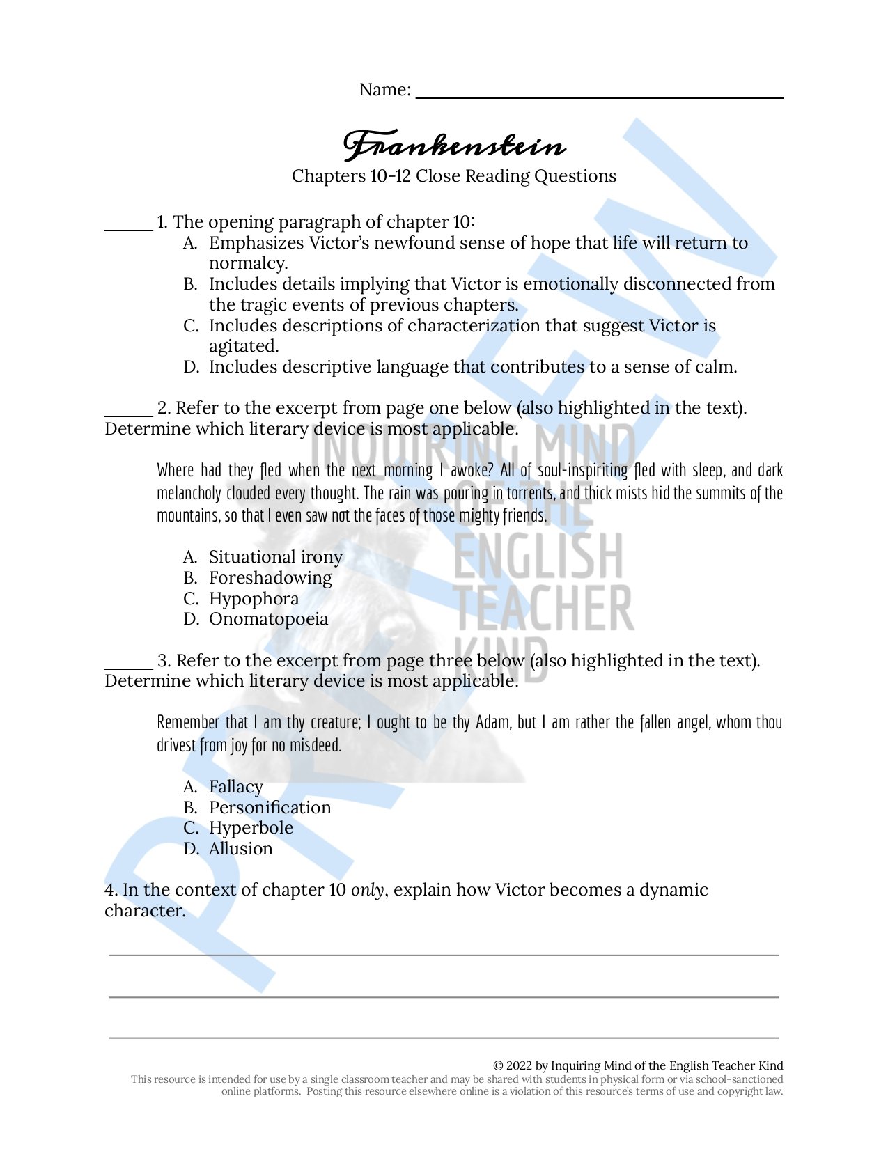Frankenstein by Mary Shelley Close Reading Analysis Worksheets Bundle ...