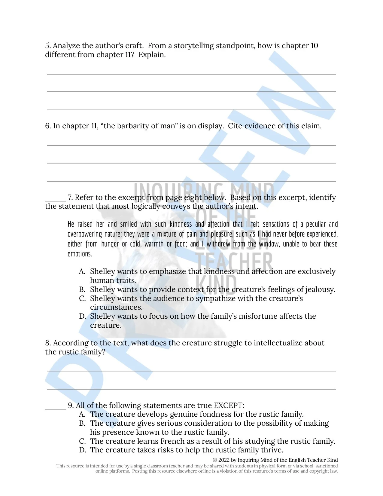 Frankenstein by Mary Shelley Close Reading Analysis Worksheets Bundle ...