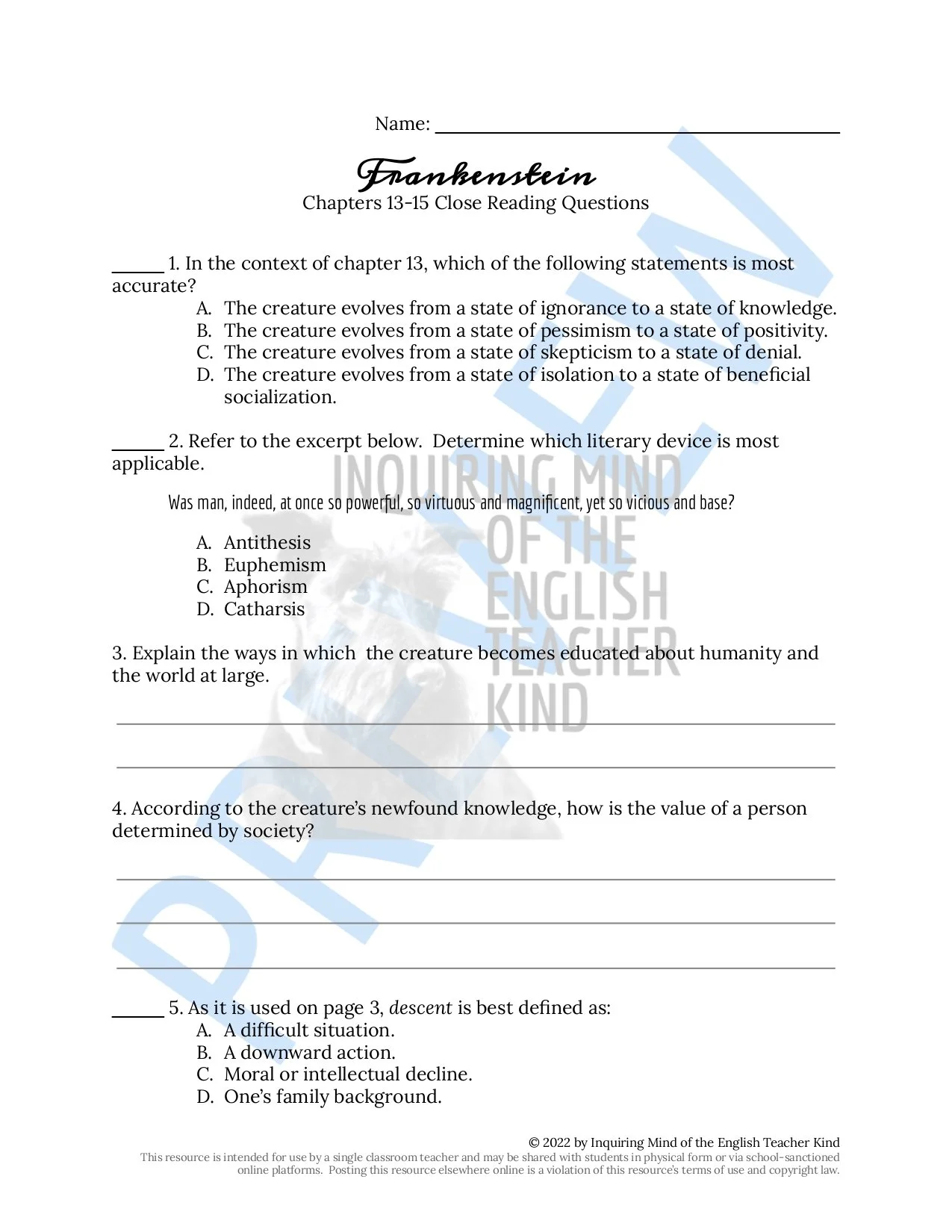 Frankenstein by Mary Shelley Close Reading Analysis Worksheets Bundle ...