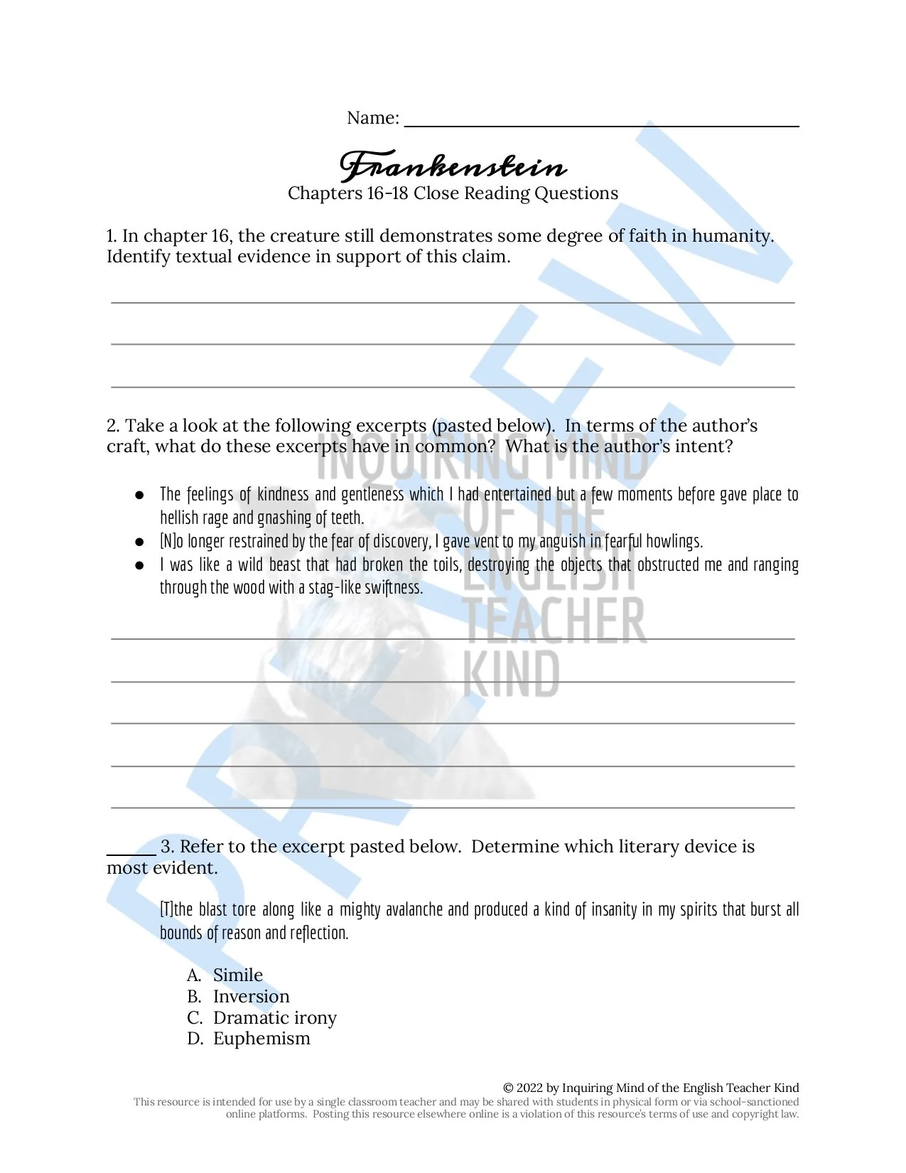 Frankenstein by Mary Shelley Close Reading Analysis Worksheets Bundle ...