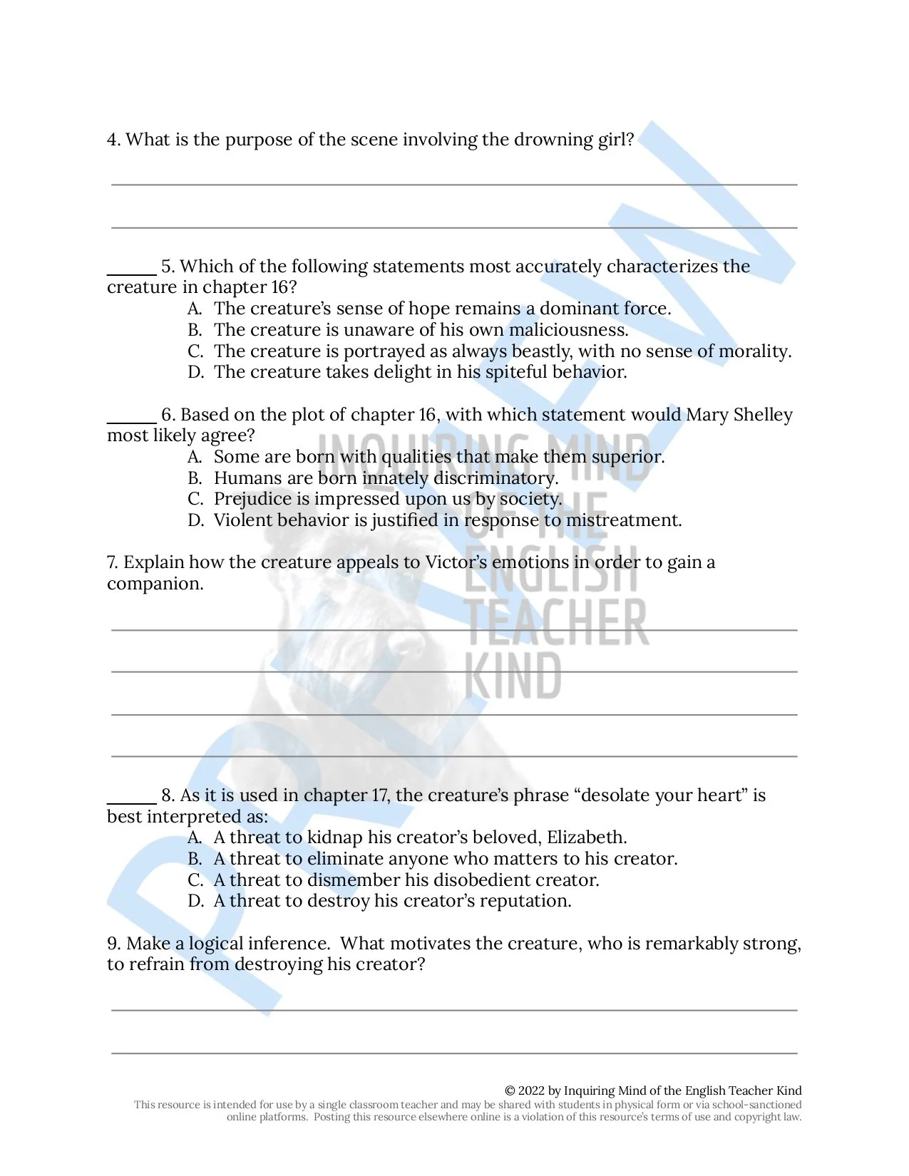 Frankenstein by Mary Shelley Close Reading Analysis Worksheets Bundle ...