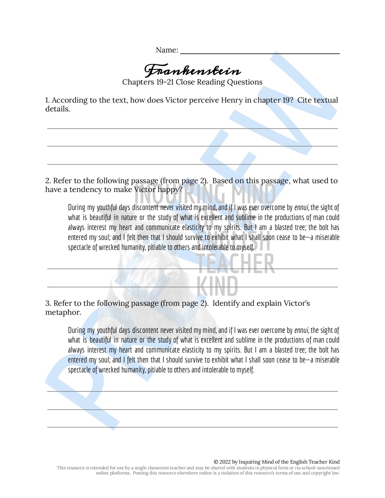 Frankenstein by Mary Shelley Close Reading Analysis Worksheets Bundle ...