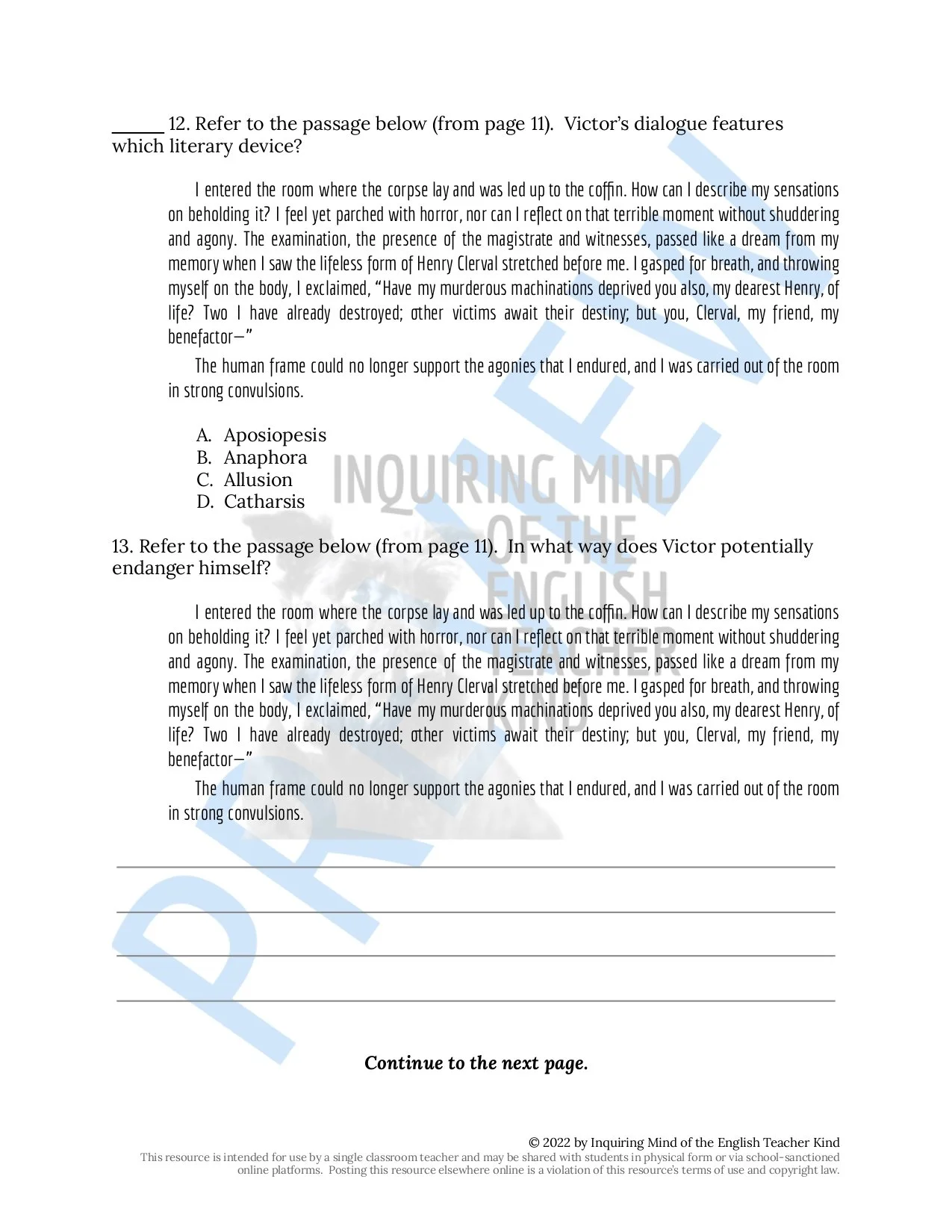 Frankenstein by Mary Shelley Close Reading Analysis Worksheets Bundle ...
