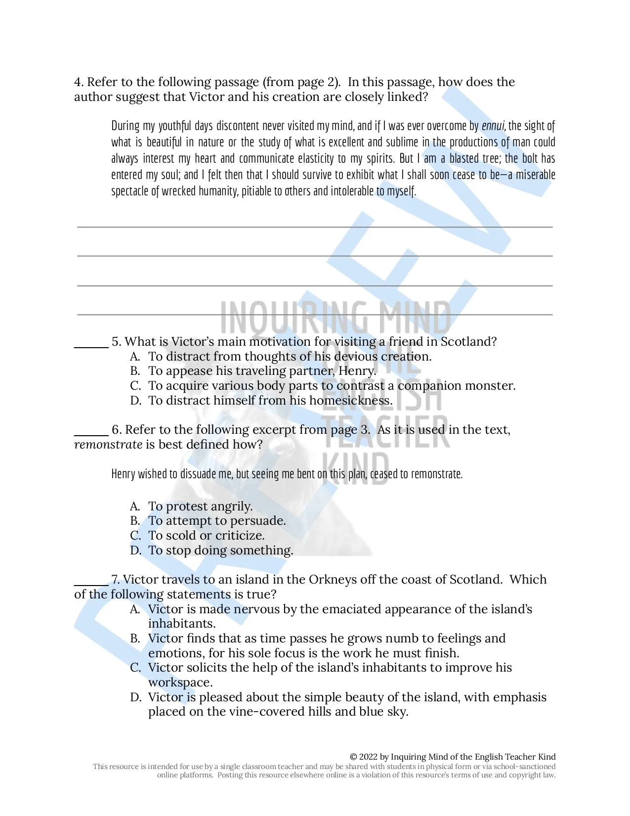 Frankenstein by Mary Shelley Close Reading Analysis Worksheets Bundle ...